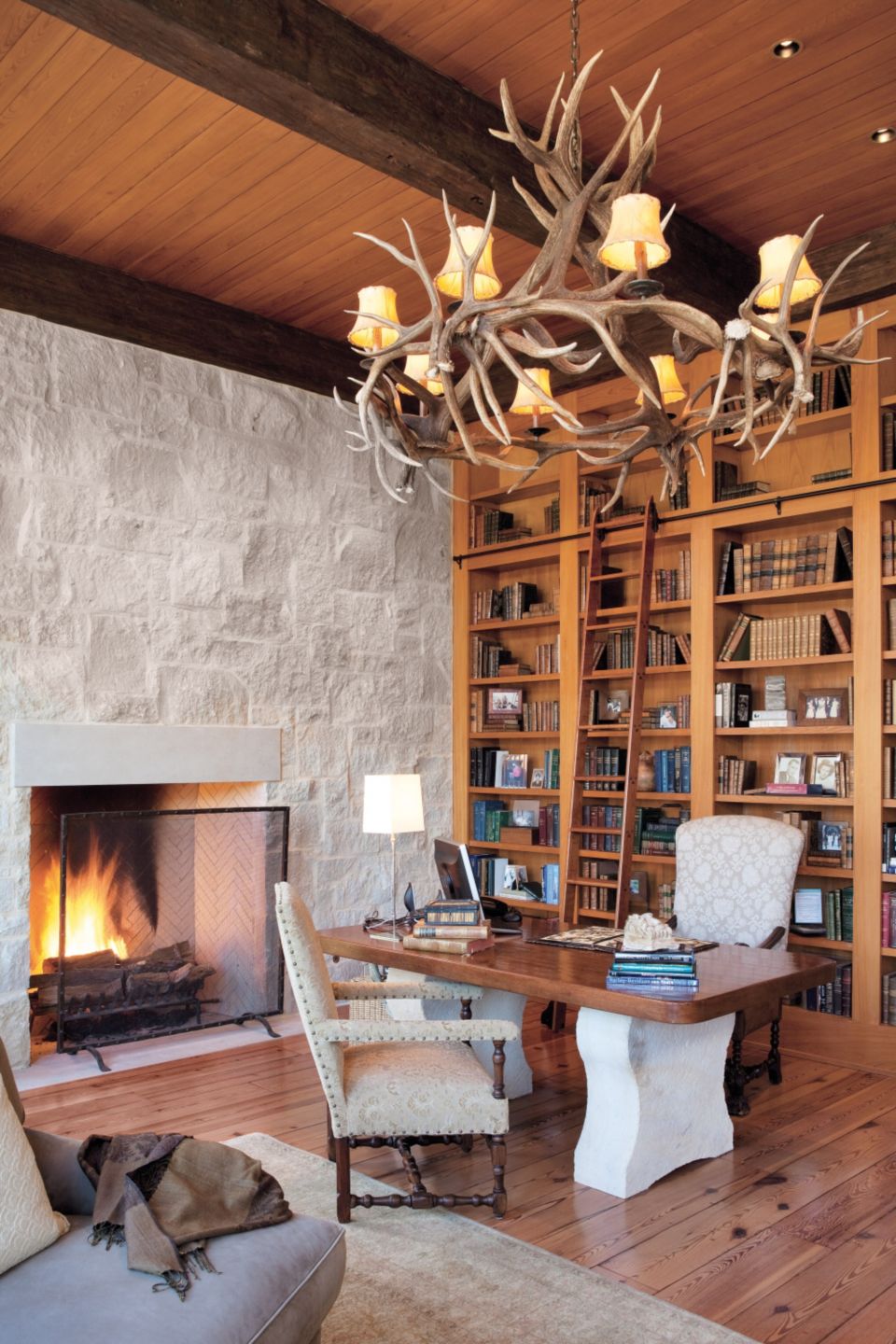 Country Neutral Library with a Monarch Chandelier - Luxe Interiors + Design