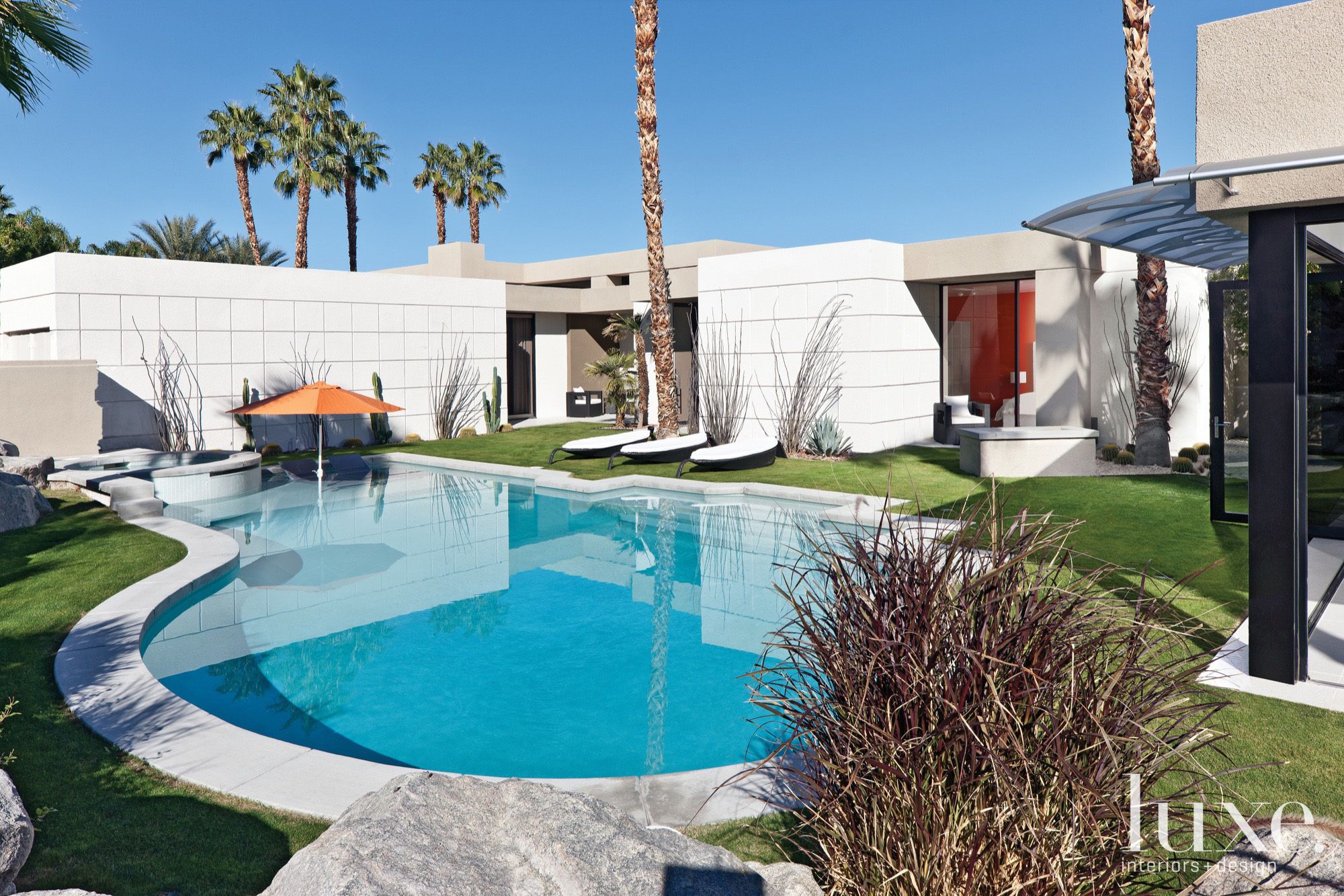 Contemporary White Rear Elevation with Pool - Luxe Interiors + Design
