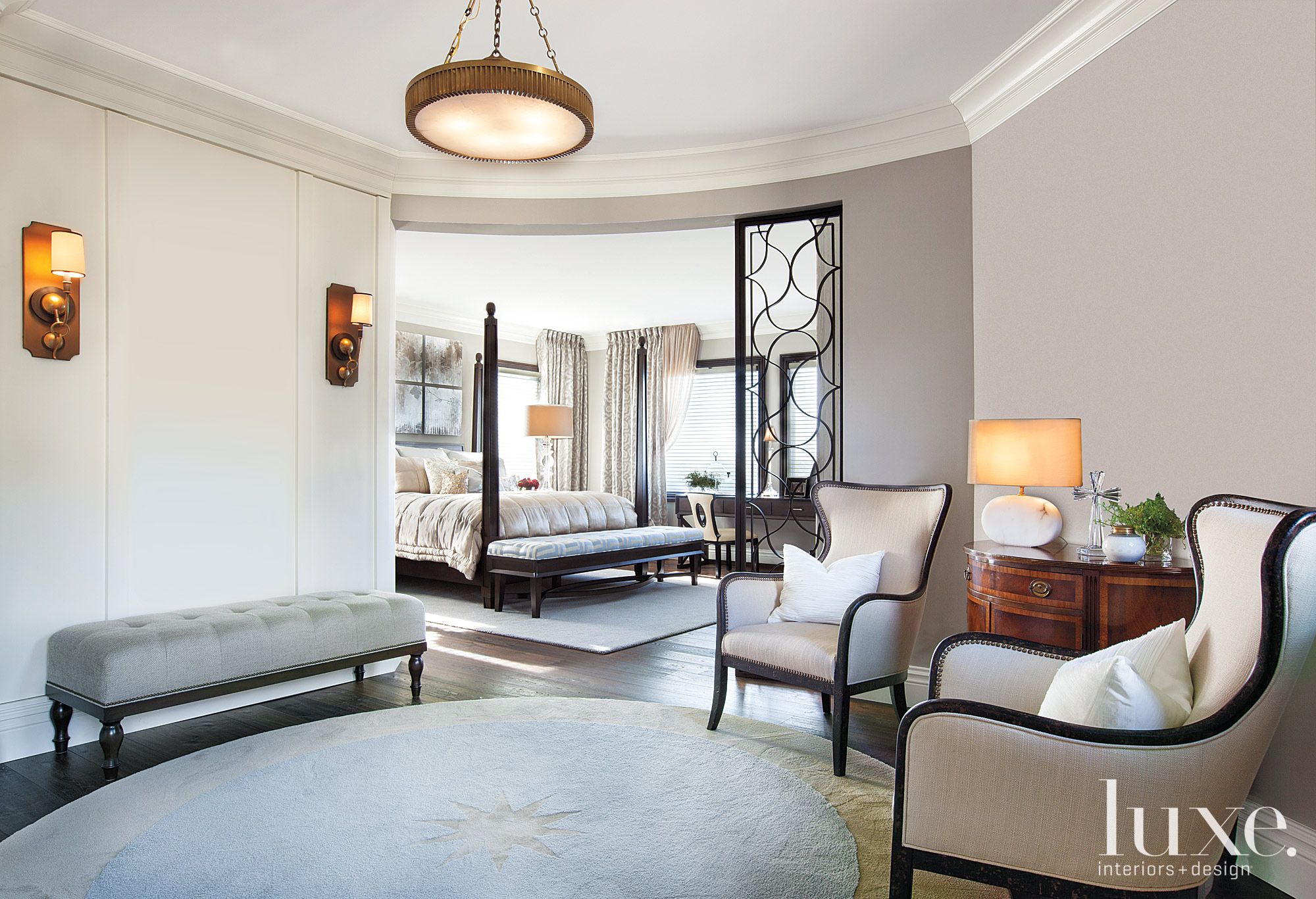 Neutral Transitional Octagon-Shaped Sitting Area and Master Bedroom ...