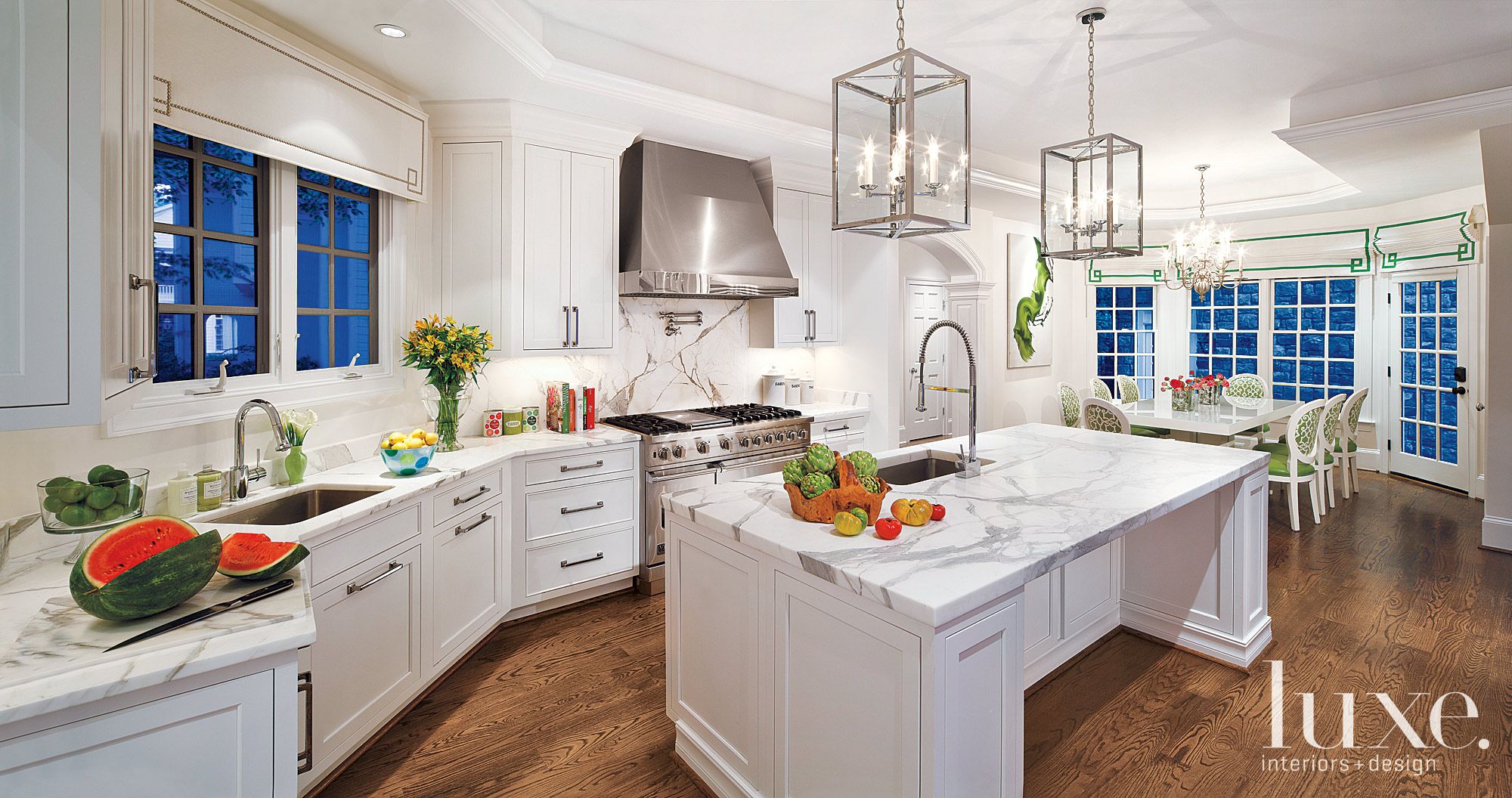 Transitional White Kitchen with Pendant Fixtures - Luxe Interiors + Design