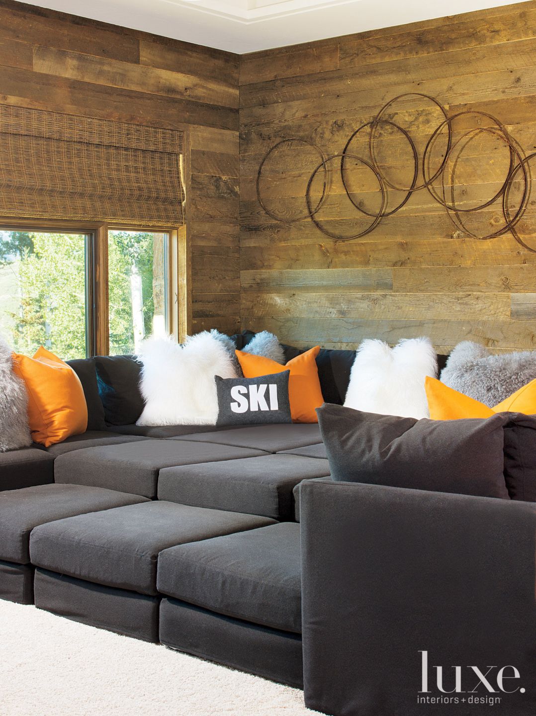 Mountain Neutral Media Room with Black Sectional - Luxe Interiors + Design
