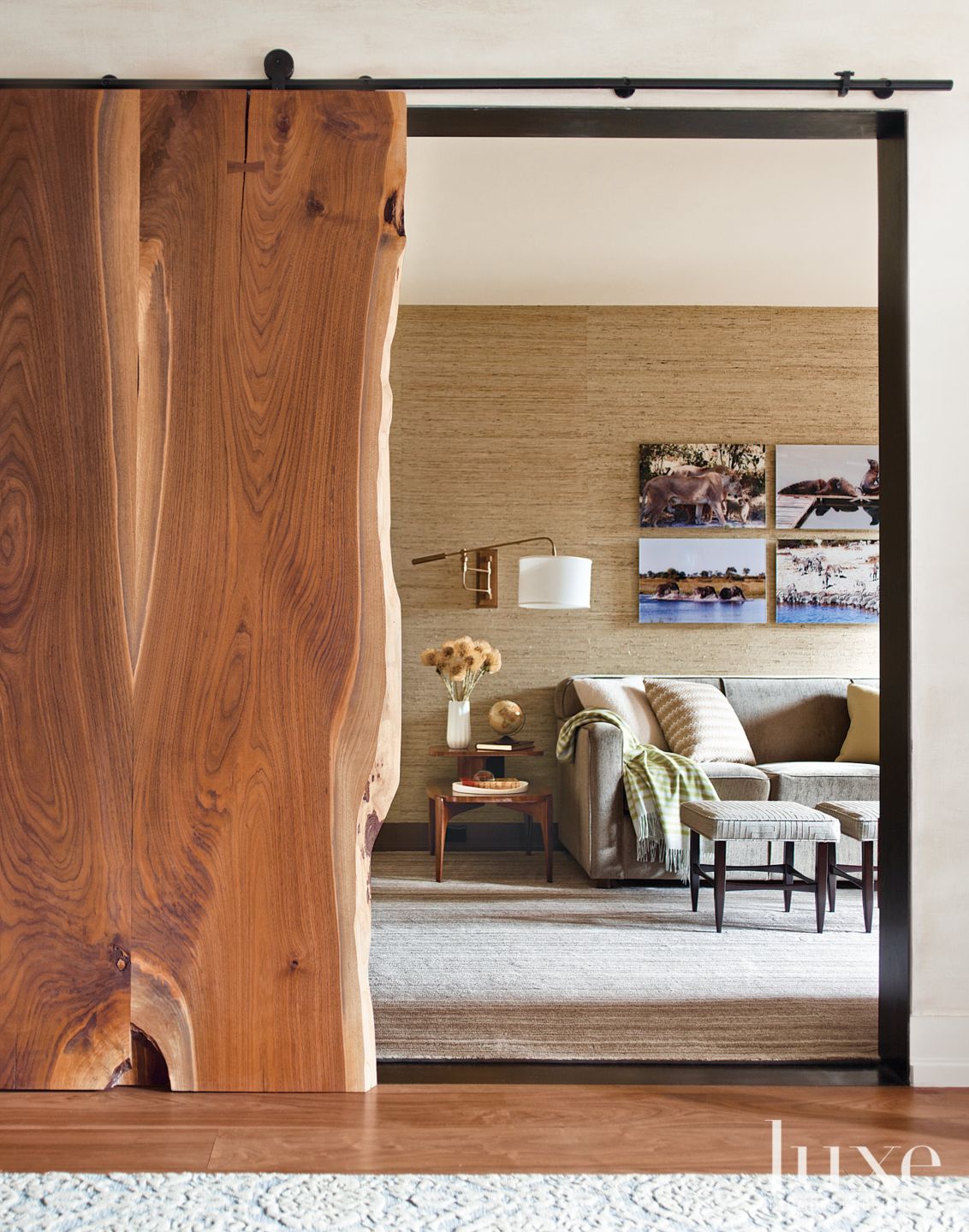 Wooden Slab Entrance to Library - Luxe Interiors + Design