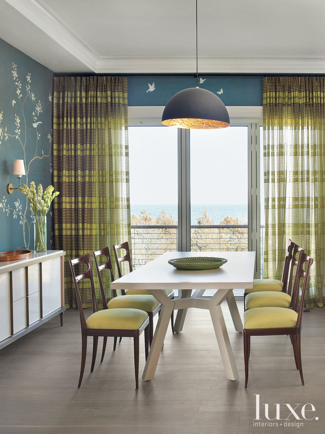 Contemporary Blue Dining Room with Green Accents - Luxe Interiors + Design