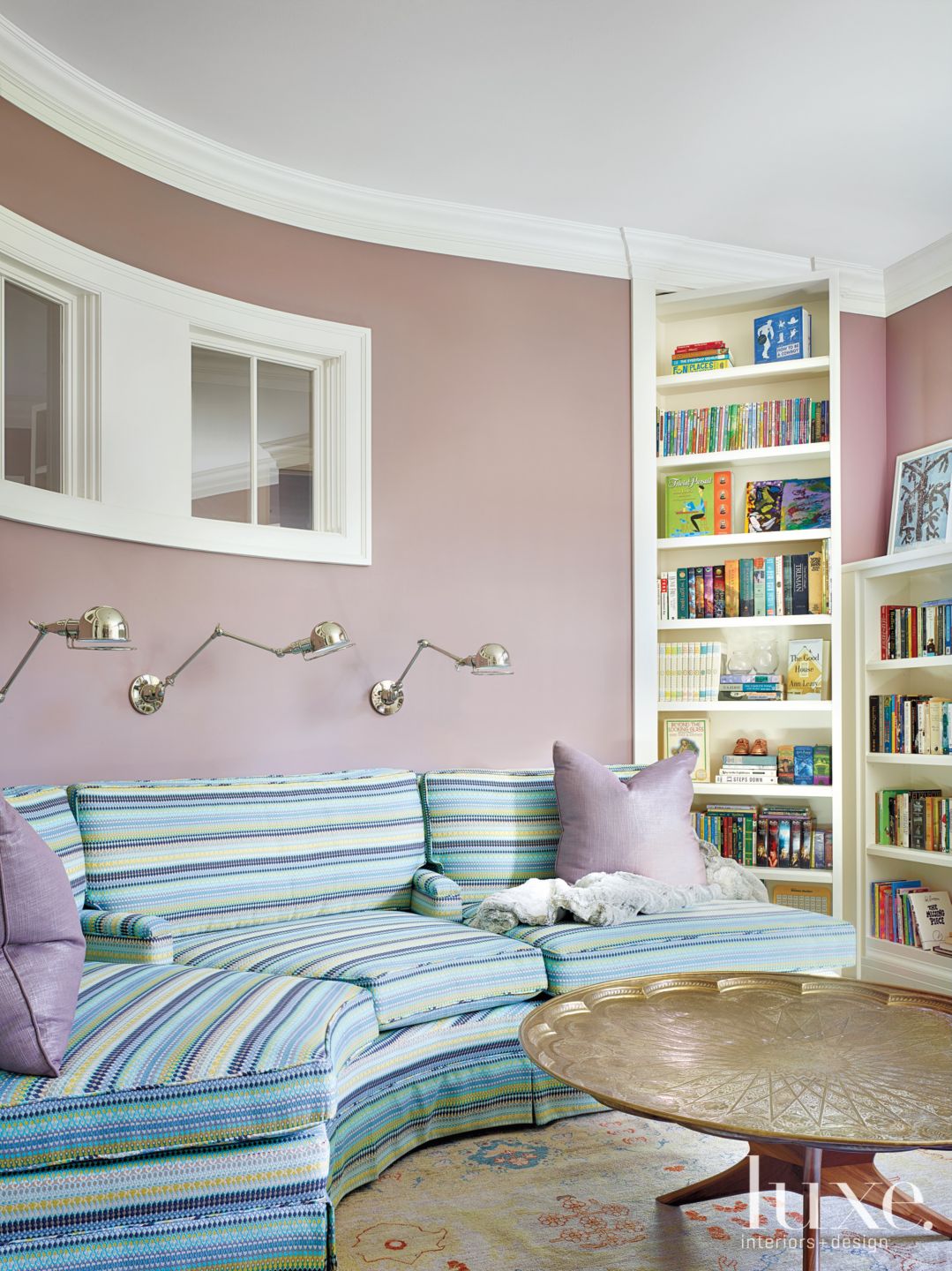 Library with Striped Sofa - Luxe Interiors + Design