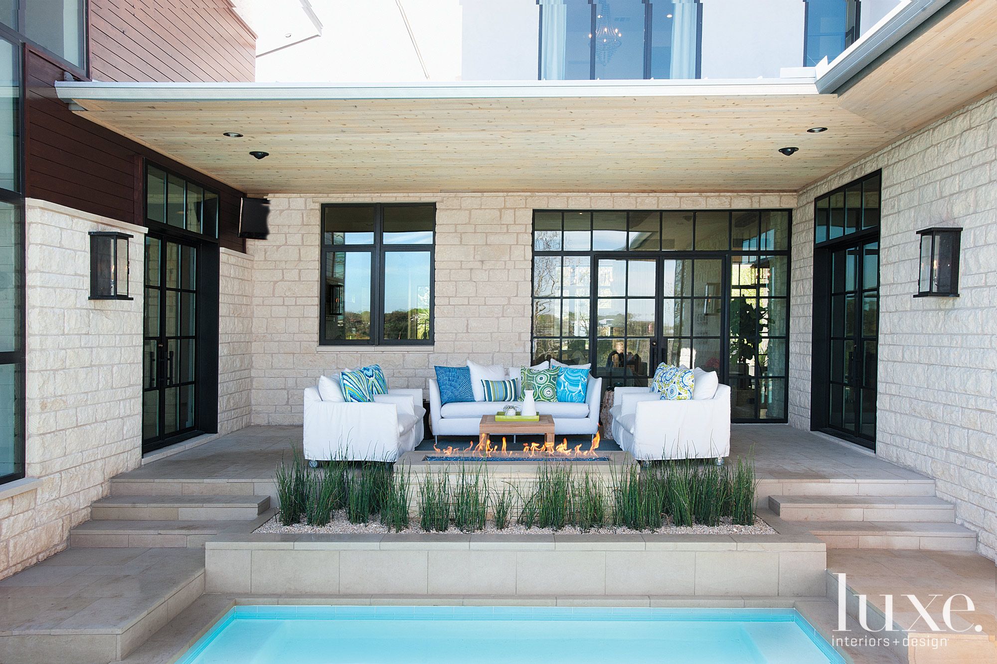 Modern Rear Patio with Pool - Luxe Interiors + Design