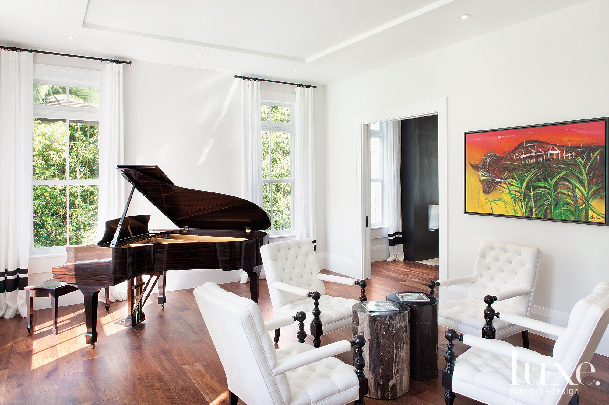 Contemporary White Music Room - Luxe Interiors + Design