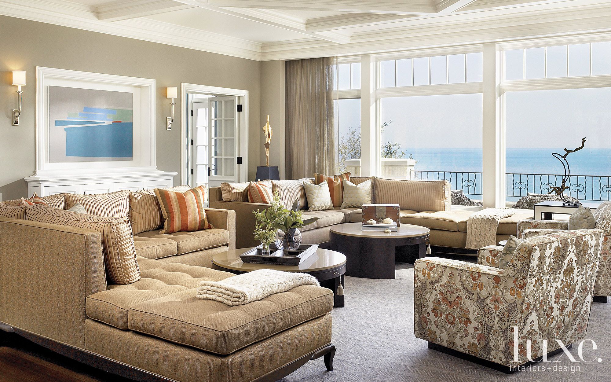 Contemporary Cream Living Room with Lake Views - Luxe Interiors + Design