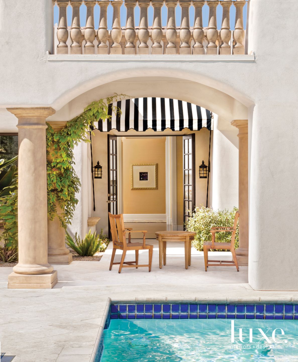 White and Cream Spanish-Style Poolside Sitting Area - Luxe Interiors ...
