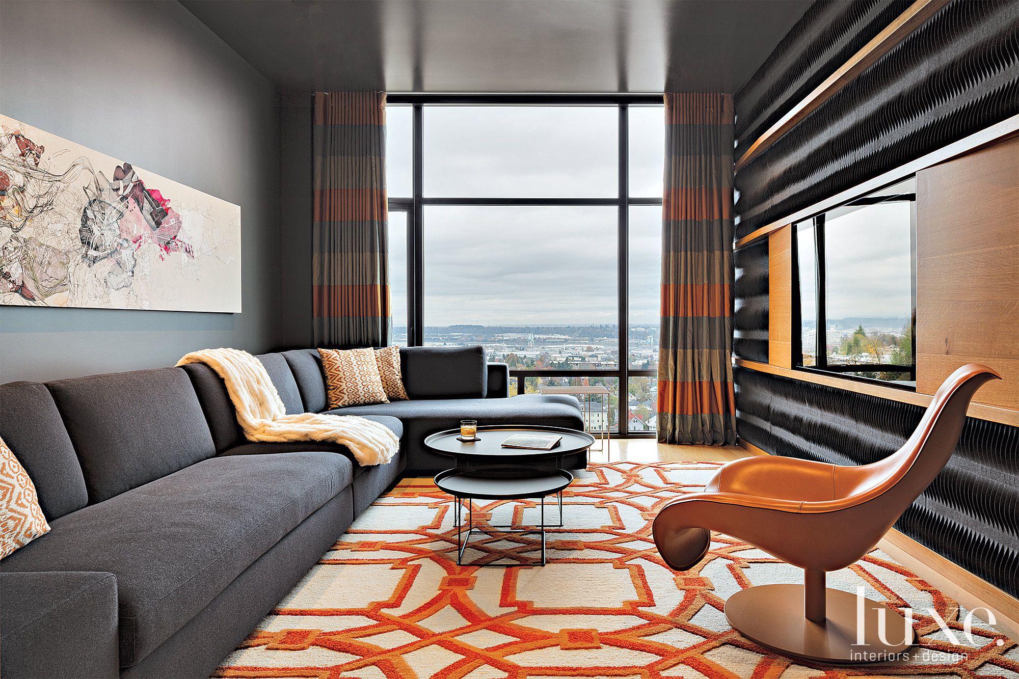 Contemporary Gray Media Room with Striped Drapes - Luxe Interiors + Design