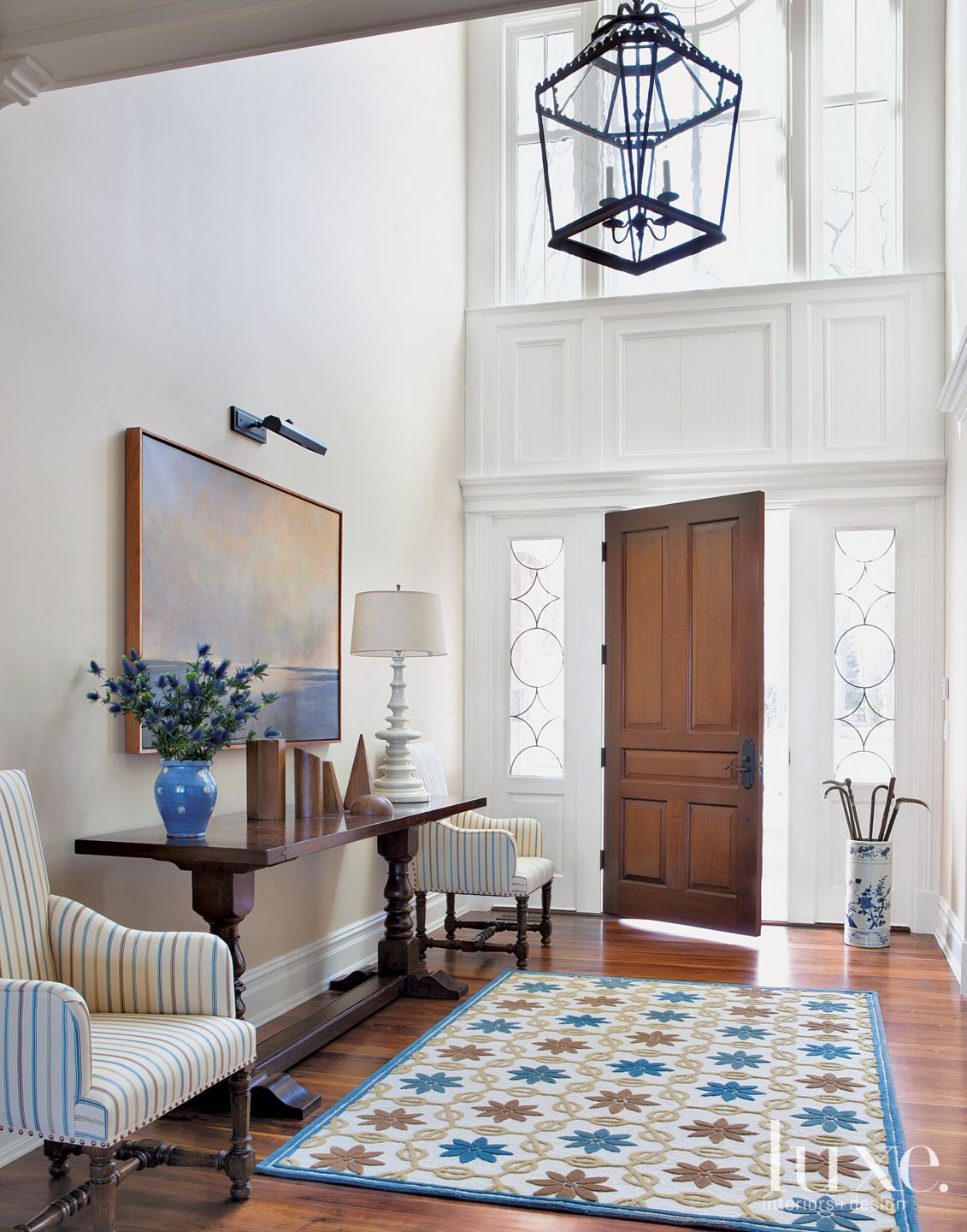 White Foyer With Blue Accents - Luxe Interiors + Design