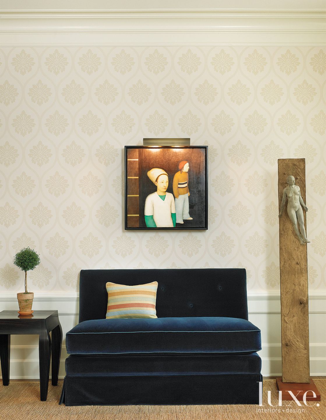 Blue suede sofa in living room - Luxe Interiors + Design