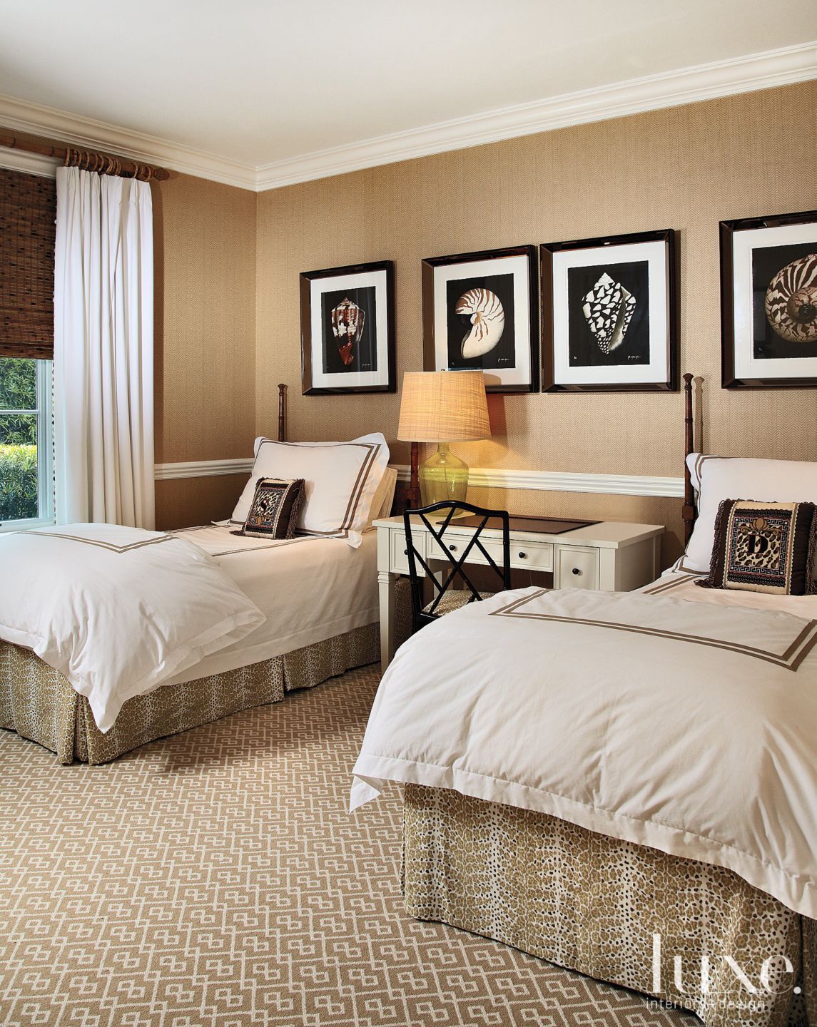 Neutral Guest Bedroom with Graphic Carpeting - Luxe Interiors + Design
