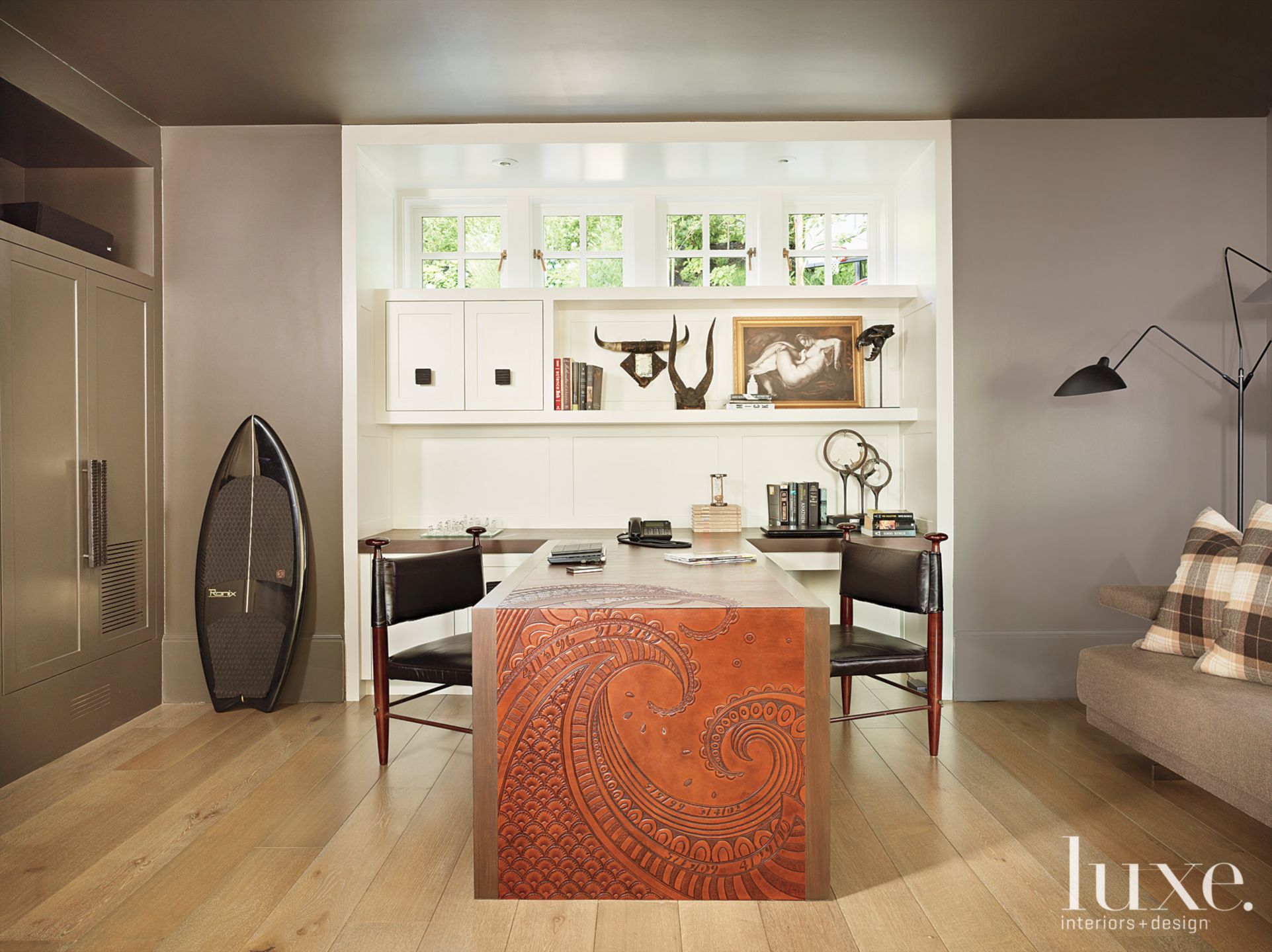 Contemporary Neutral Office with Custom Leather Desk - Luxe Interiors ...