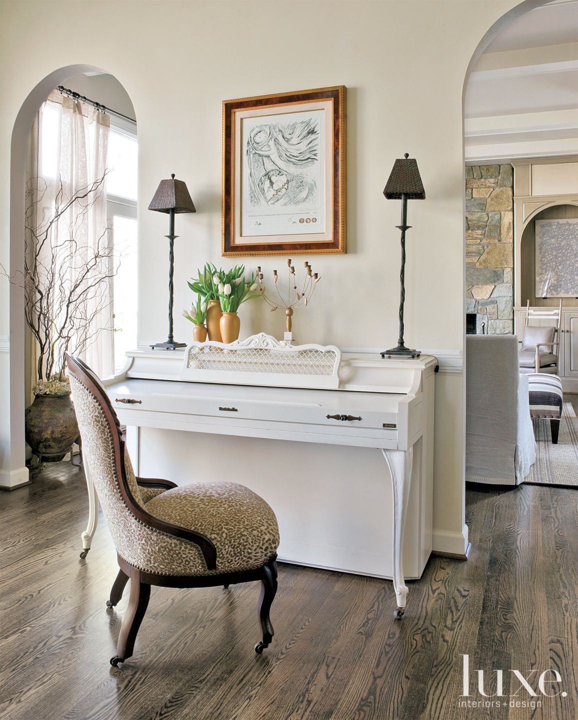 Transitional Cream Living Room Piano - Luxe Interiors + Design