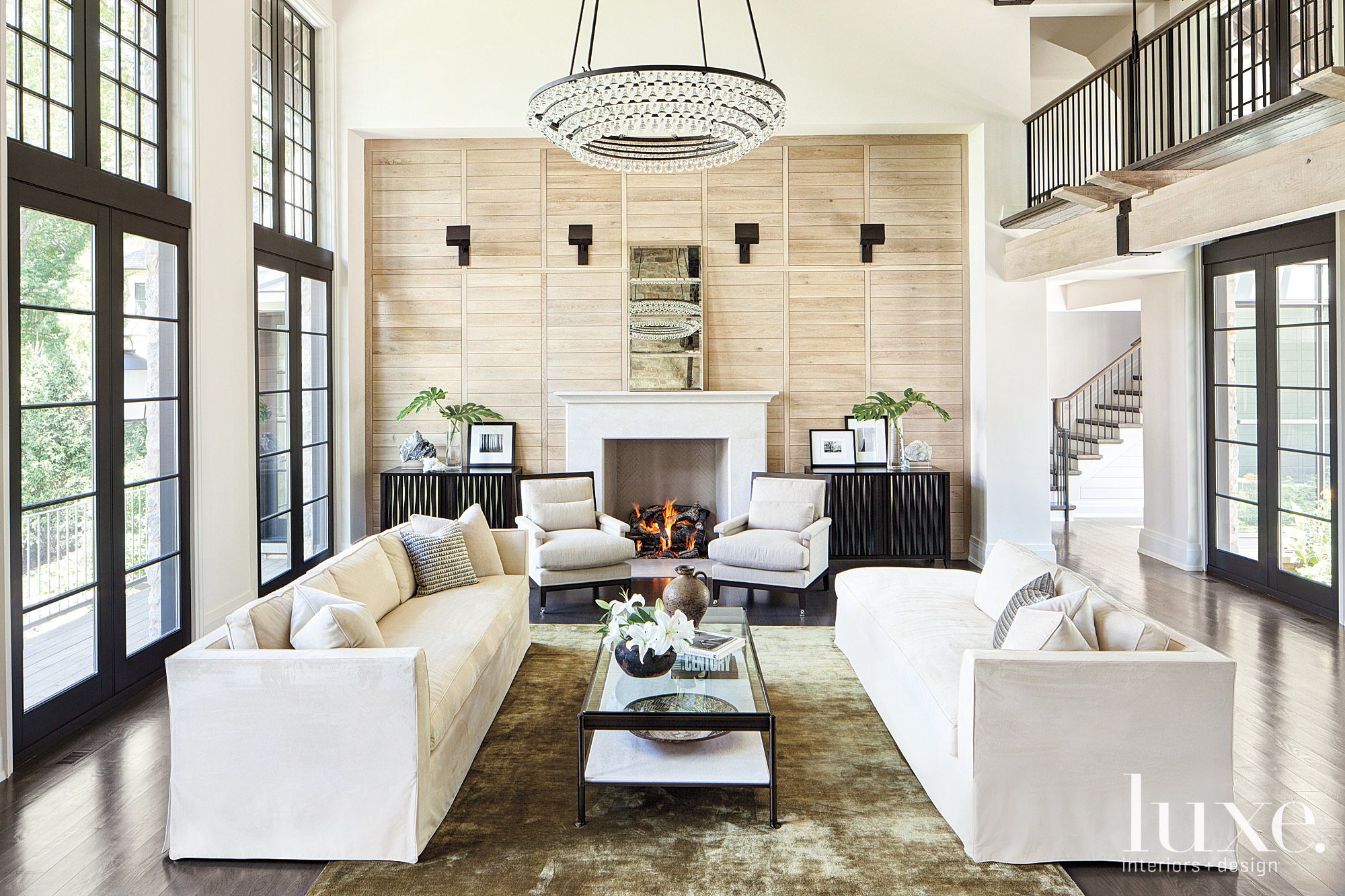 Contemporary White Living Room with Silk Rug - Luxe Interiors + Design