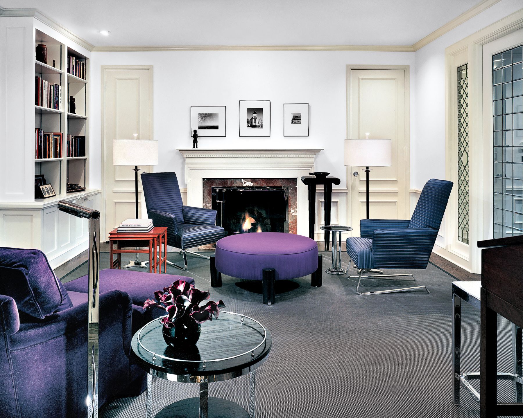 Modern White and Purple Library - Luxe Interiors + Design