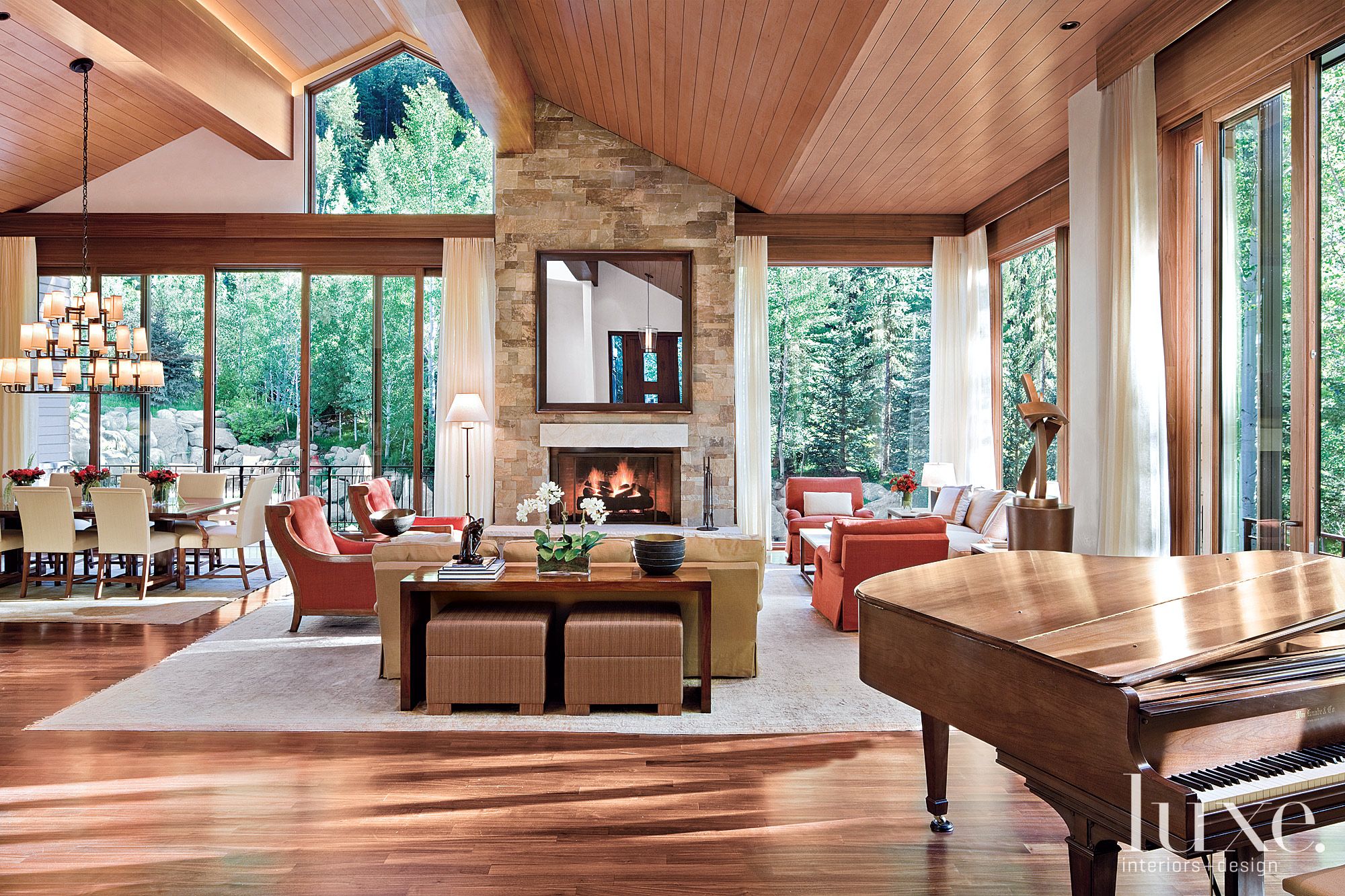 Contemporary Neutral Great Room with Wood Piano - Luxe Interiors + Design