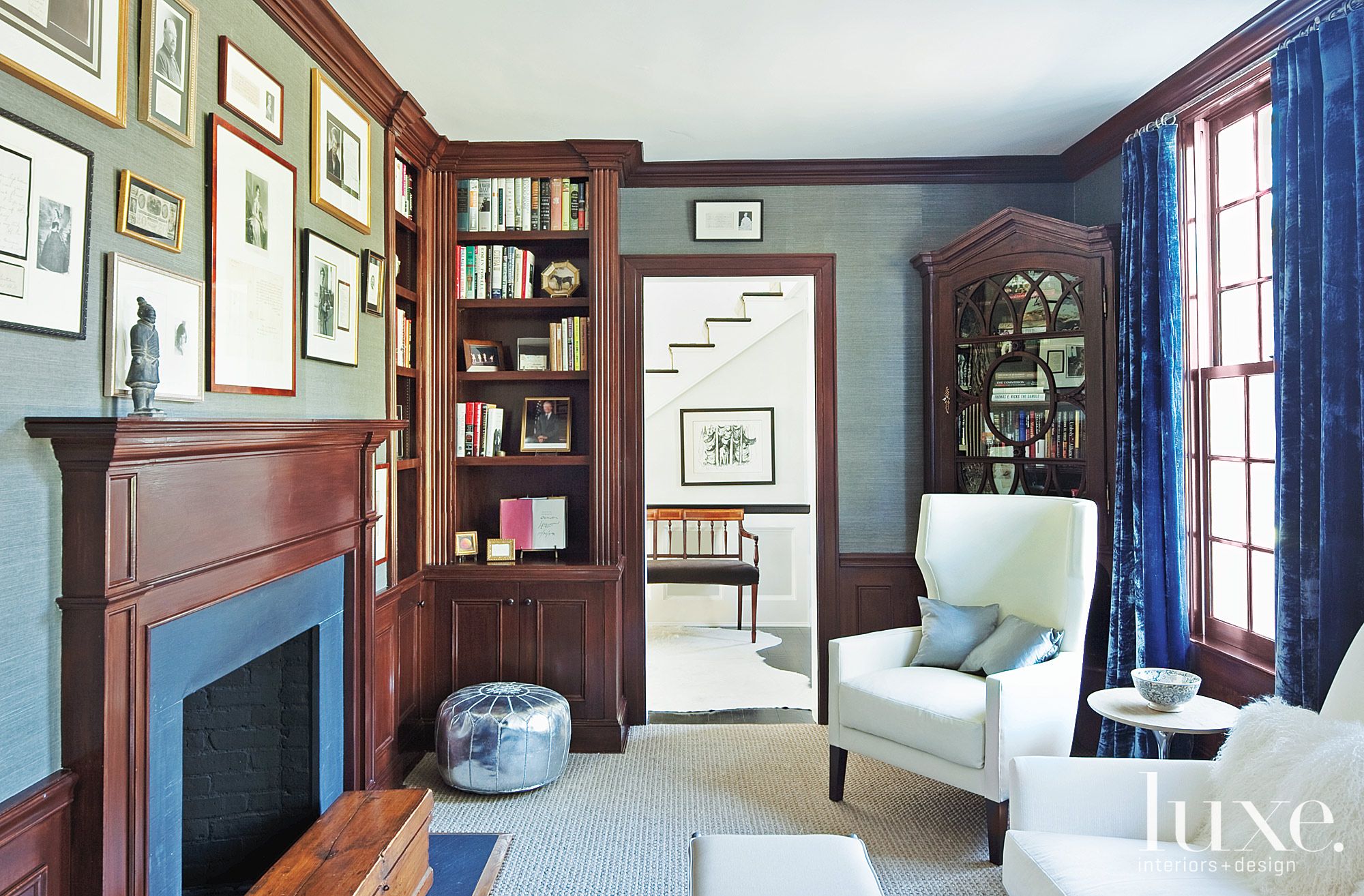 Transitional Blue Library with Velvet Draperies - Luxe Interiors + Design