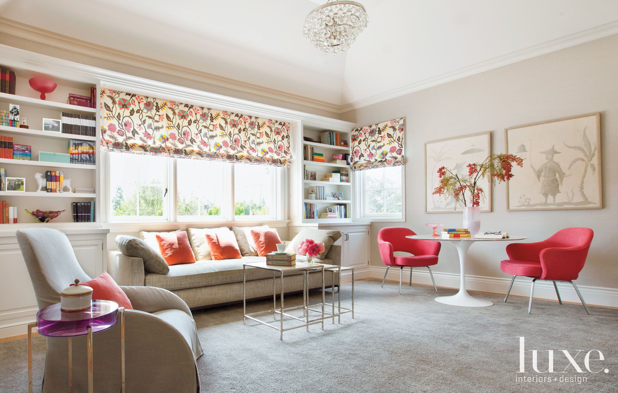 Transitional Cream Den with Colorful Accents - Luxe Interiors + Design