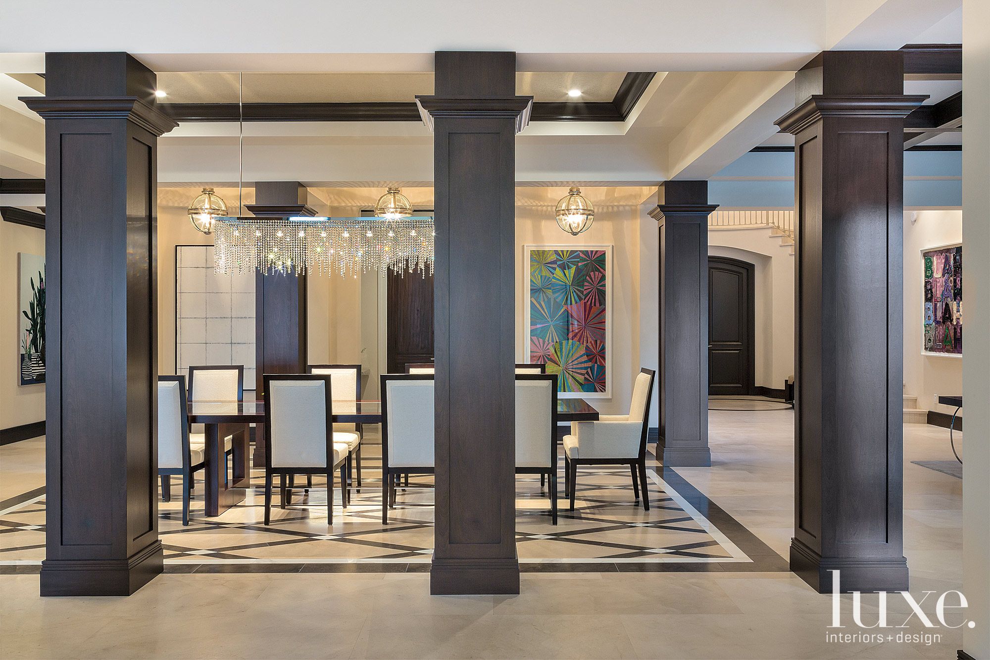Dramatic Transitional Column Framed Open Dining Room - Luxe Interiors ...