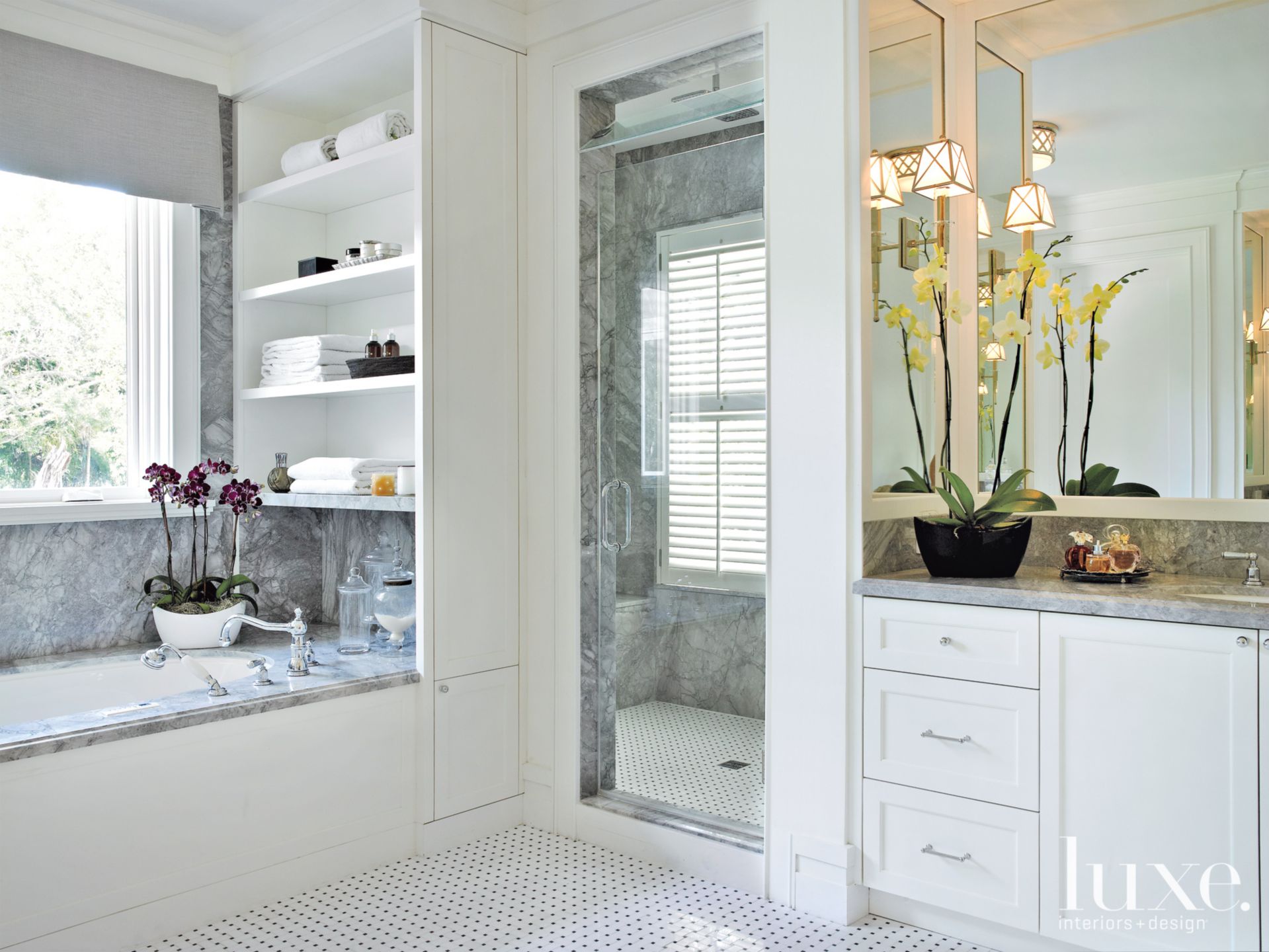 Transitional White Bathroom with Custom Cabinetry - Luxe Interiors + Design