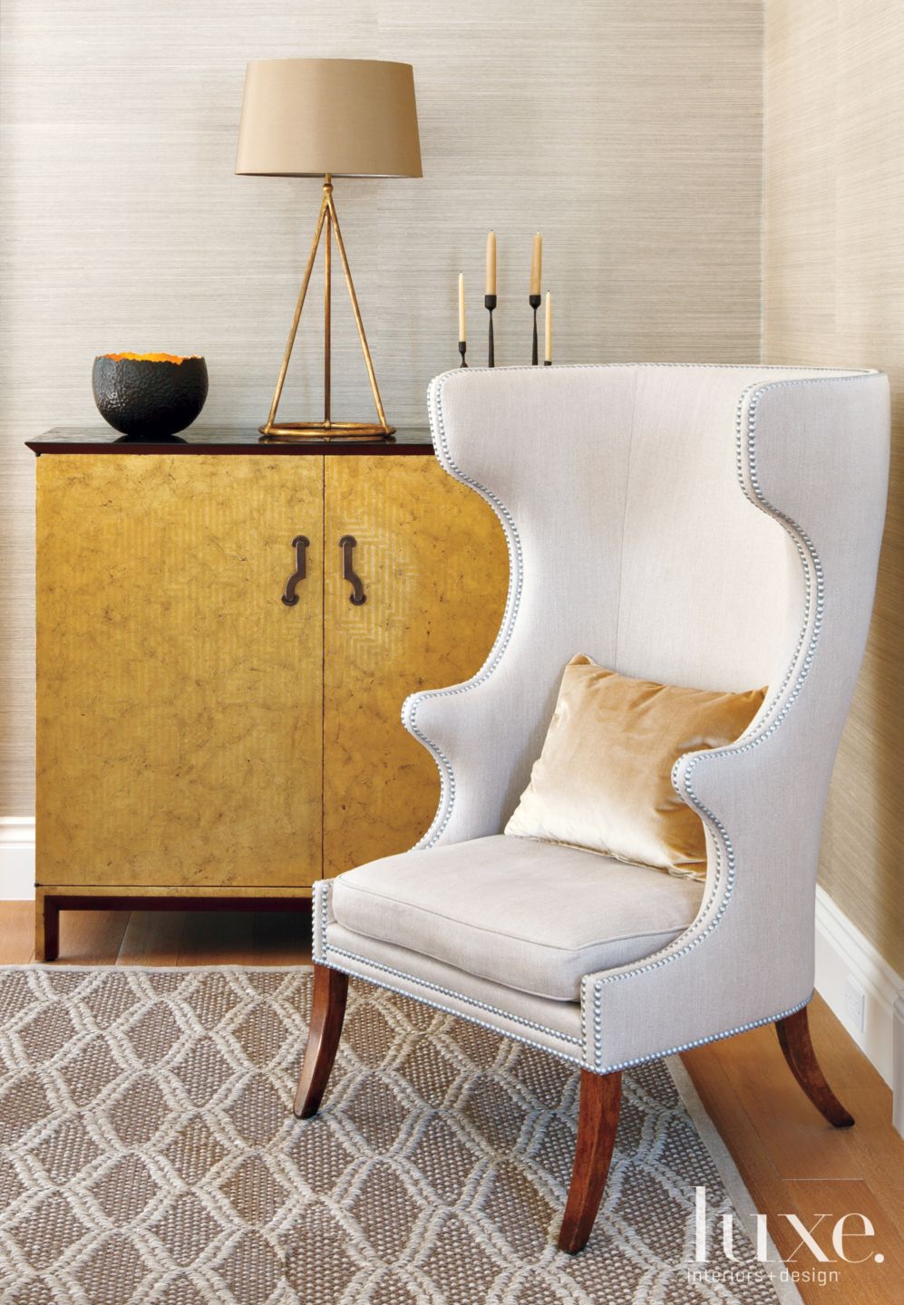 Transitional Cream Sitting Area with Wing Chair - Luxe Interiors + Design