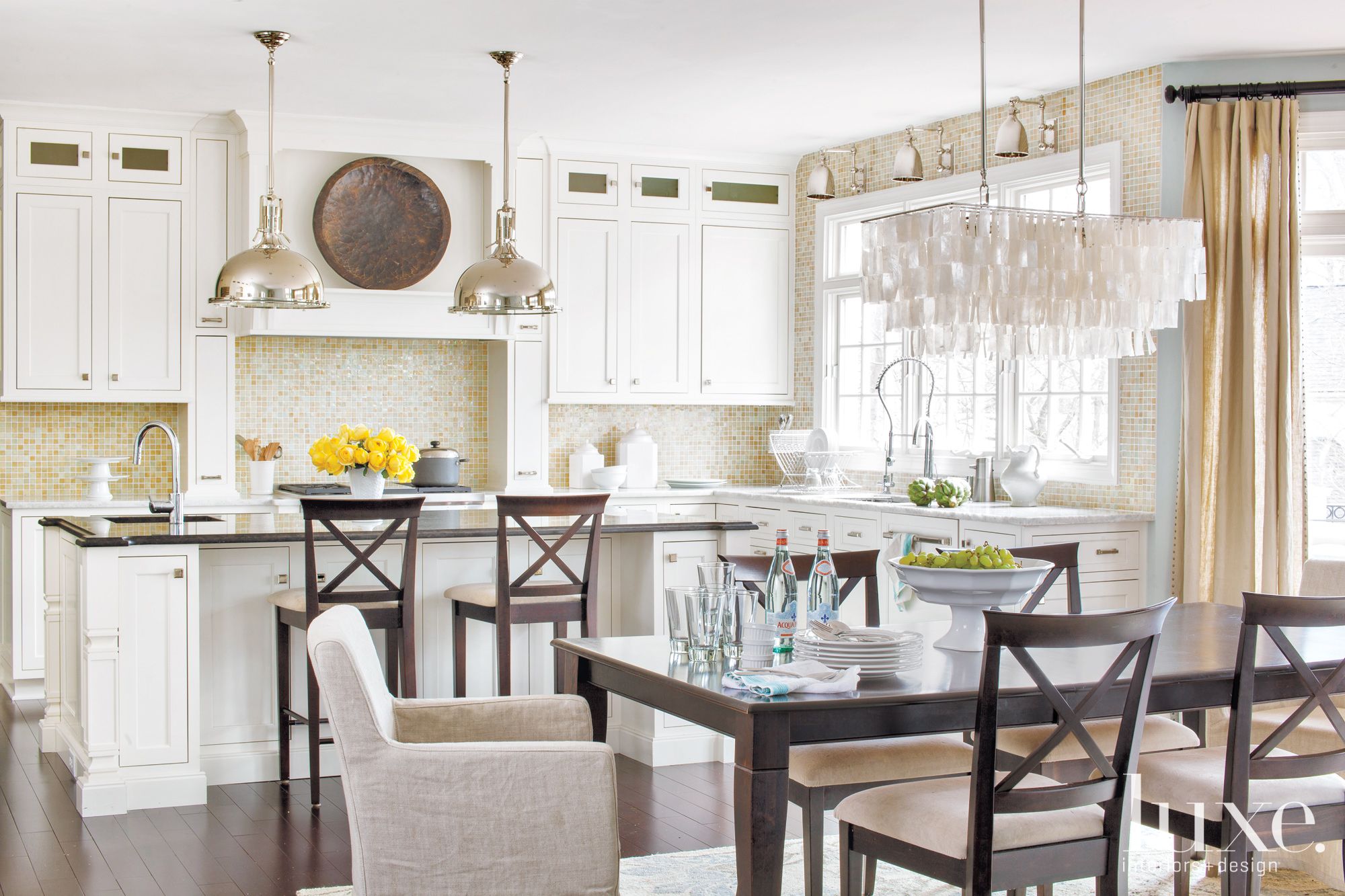 Transitional White Kitchen with Chrome Pendants - Luxe Interiors + Design