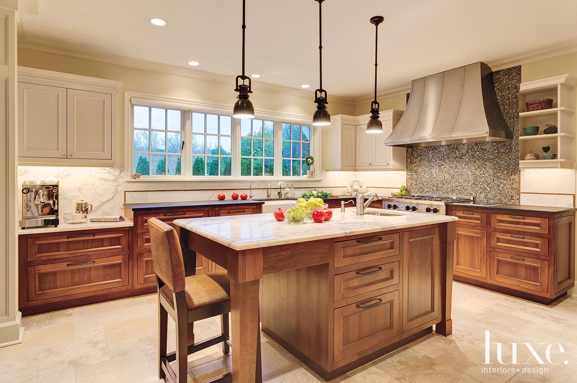 Transitional Neutral Kitchen with Bronze Inlay Backsplash - Luxe ...