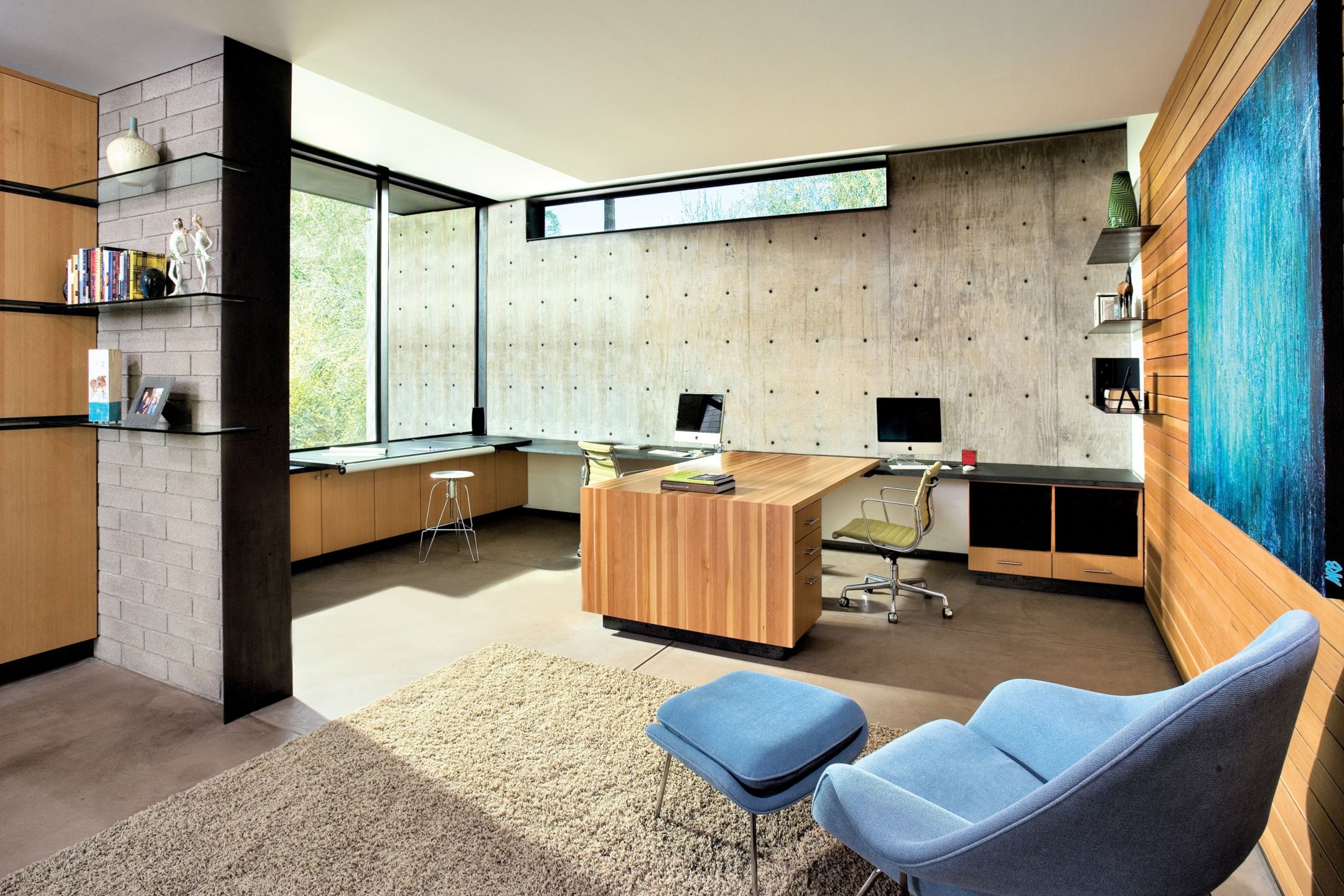 Contemporary Neutral Office with Concrete Floors - Luxe Interiors + Design