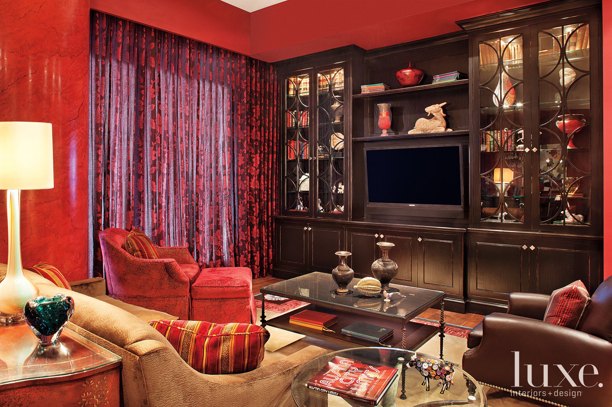Red Eclectic Den - Luxe Interiors + Design