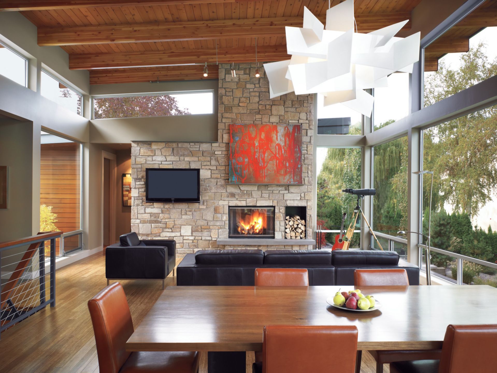 Living Area with Rock Wall - Luxe Interiors + Design