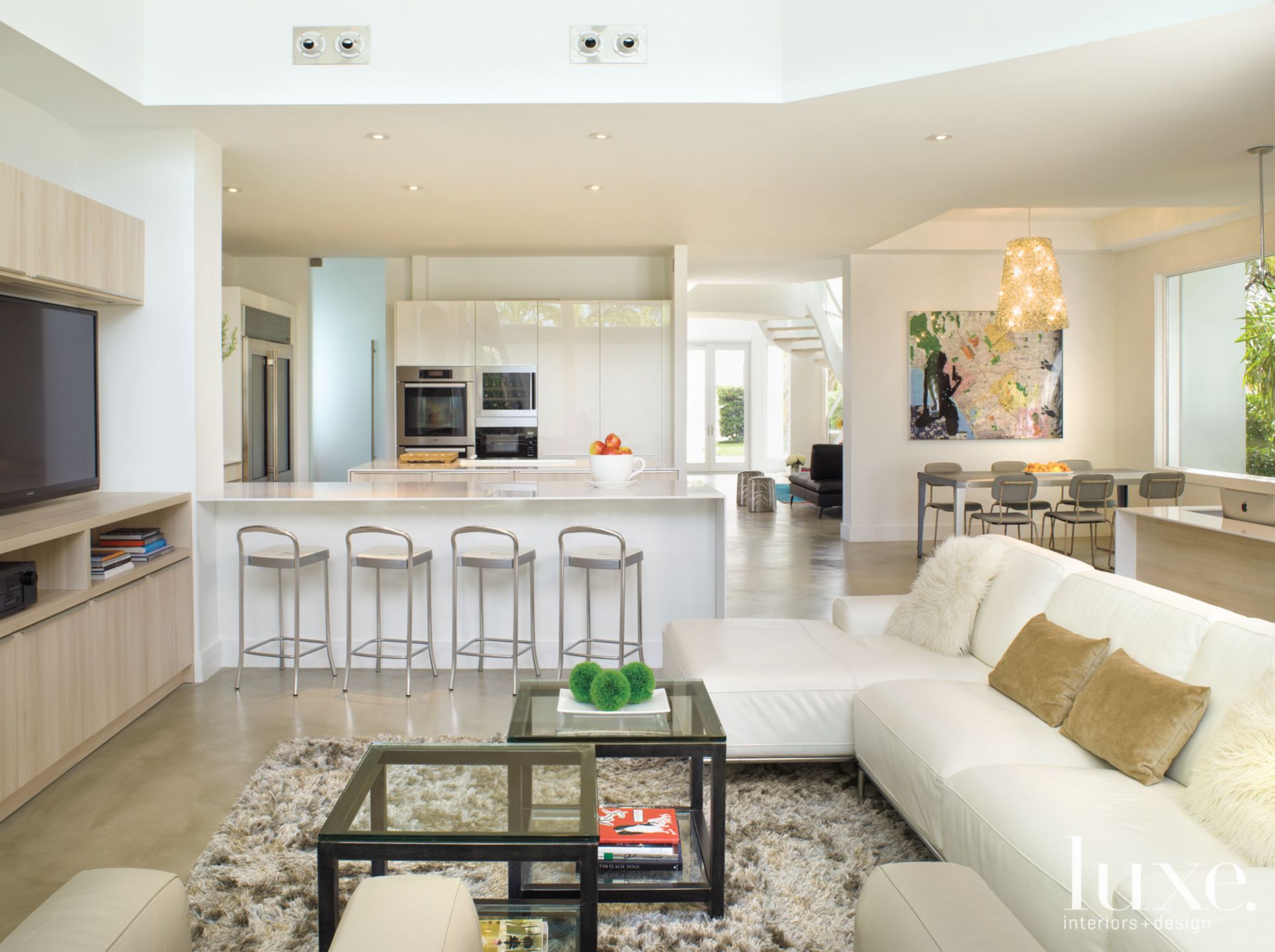 Contemporary White Great Room - Luxe Interiors + Design