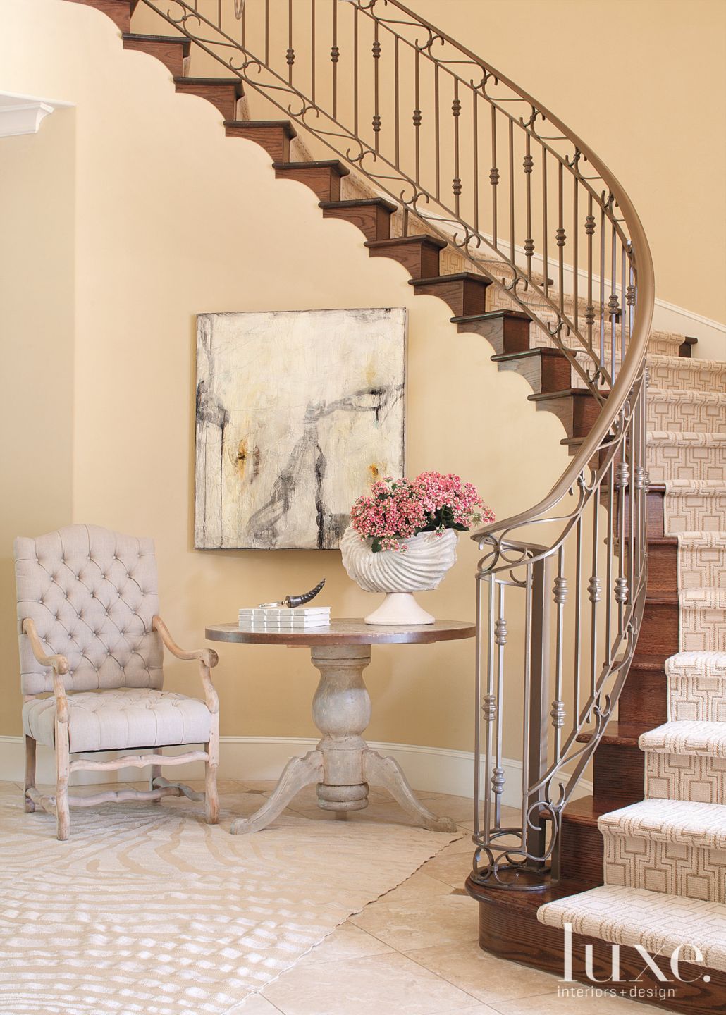 Cream Transitional French-Style Foyer Staircase - Luxe Interiors + Design