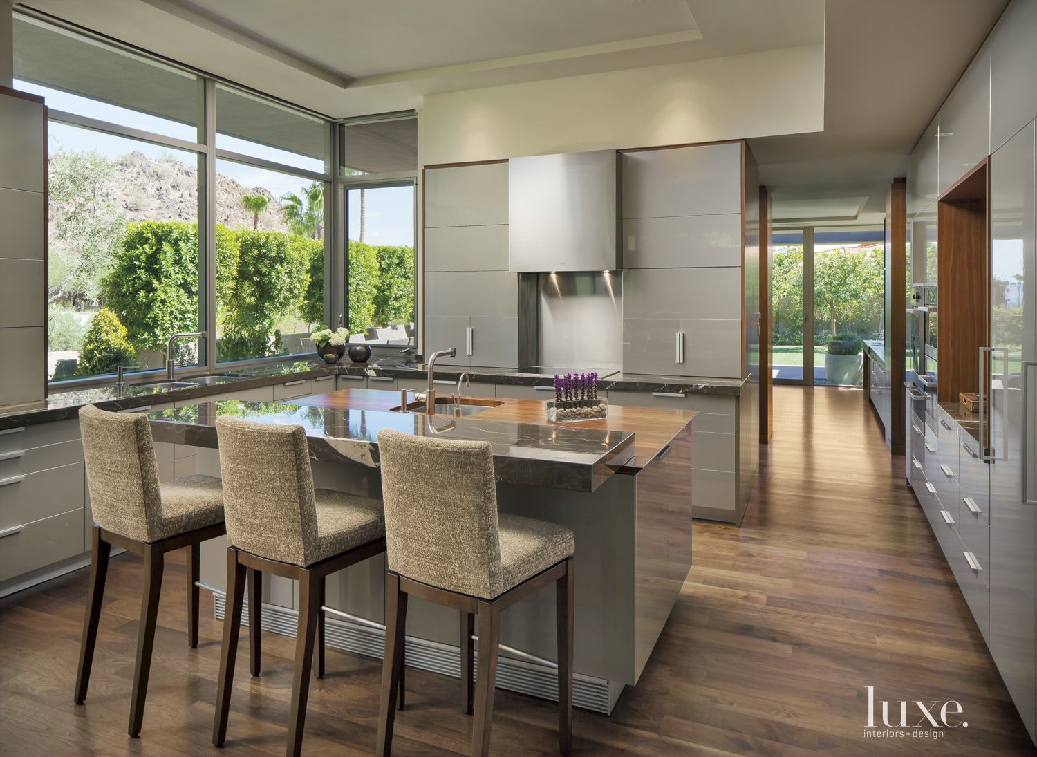 Contemporary Neutral Kitchen with Tray Ceiling - Luxe Interiors + Design