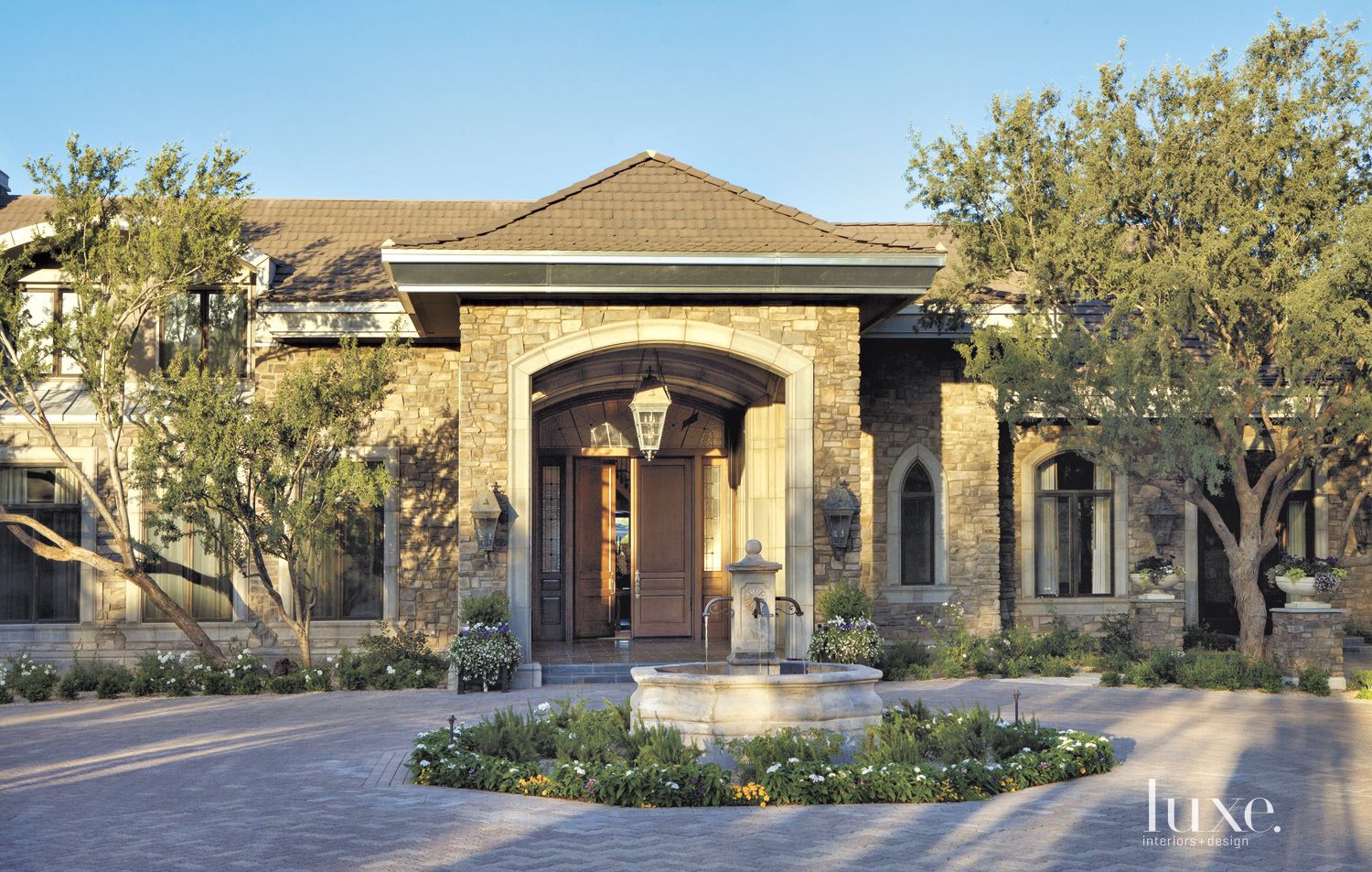 Transitional Neutral Front Elevation with Fountain - Luxe Interiors ...