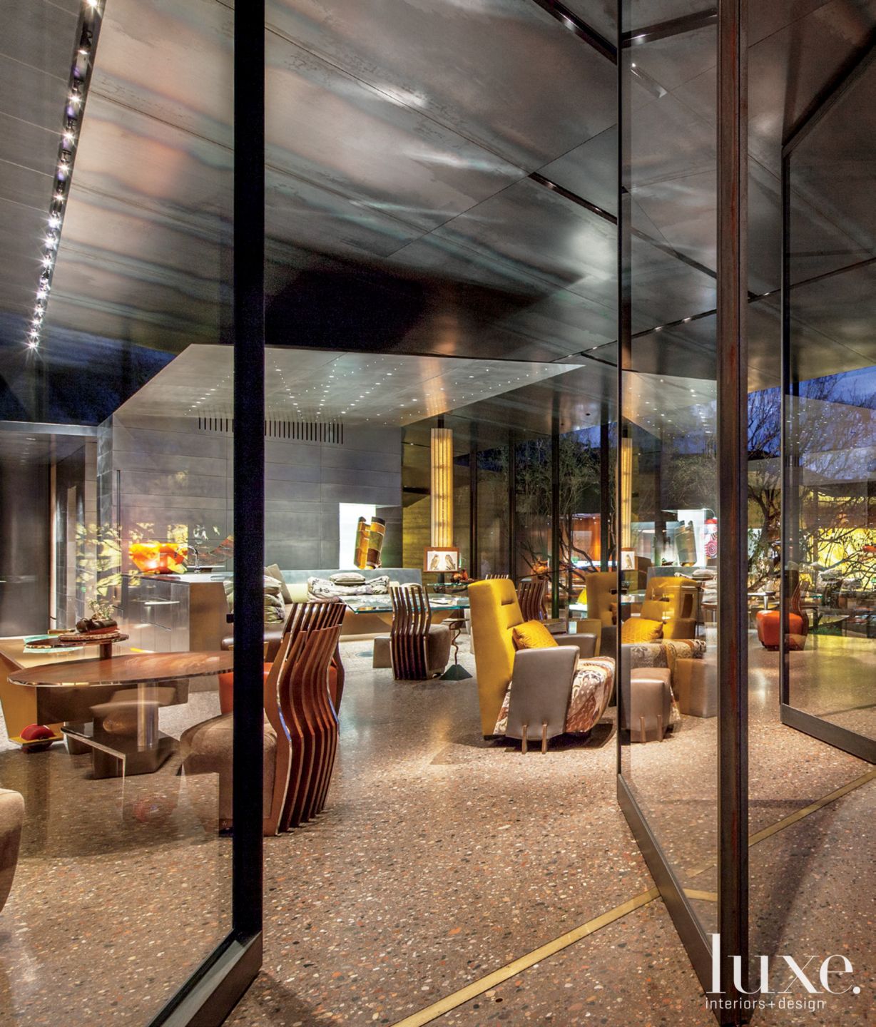 Modern Great Room with Stainless Steel Ceiling - Luxe Interiors + Design