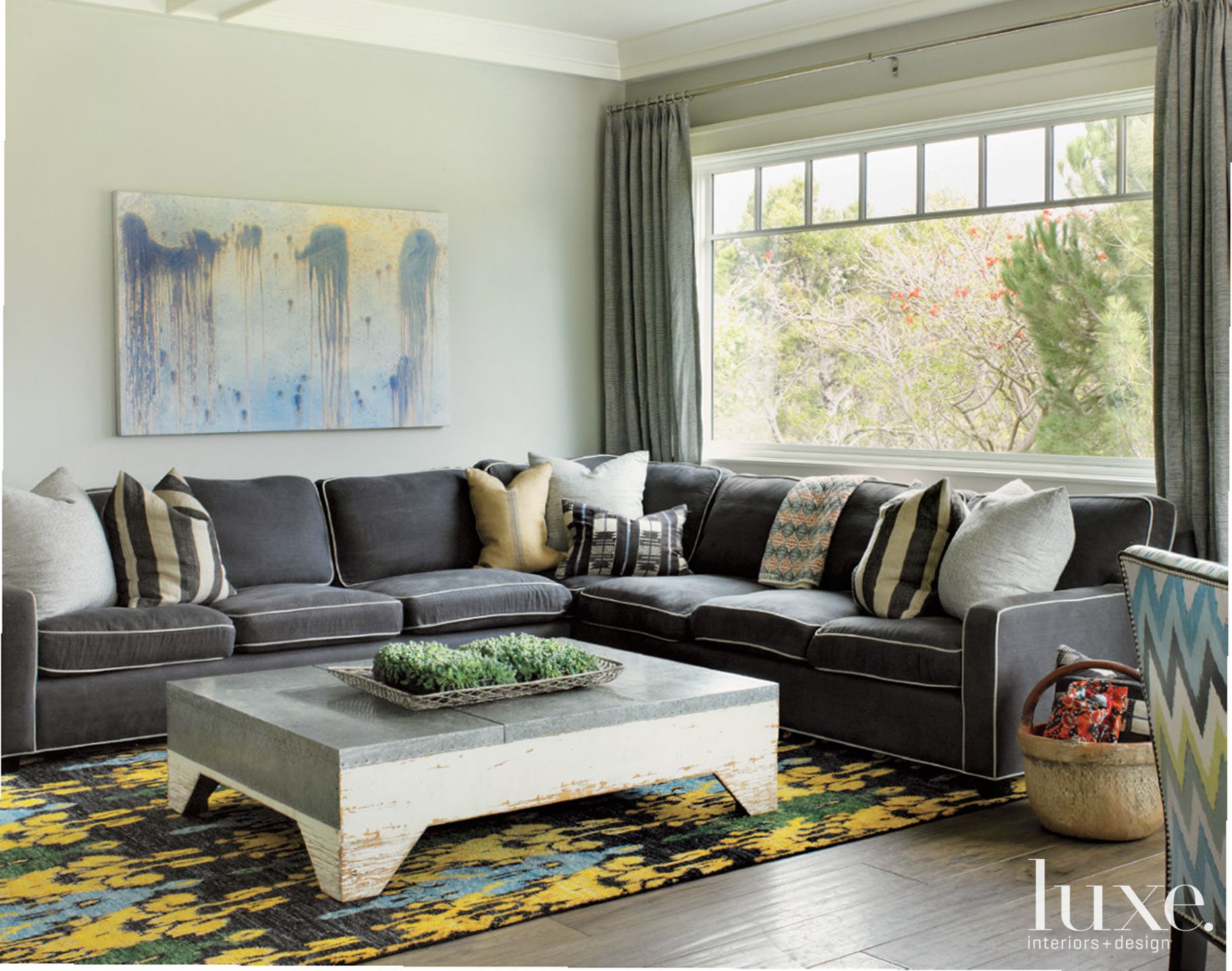 Eclectic Gray Family Room with Pine Table - Luxe Interiors + Design