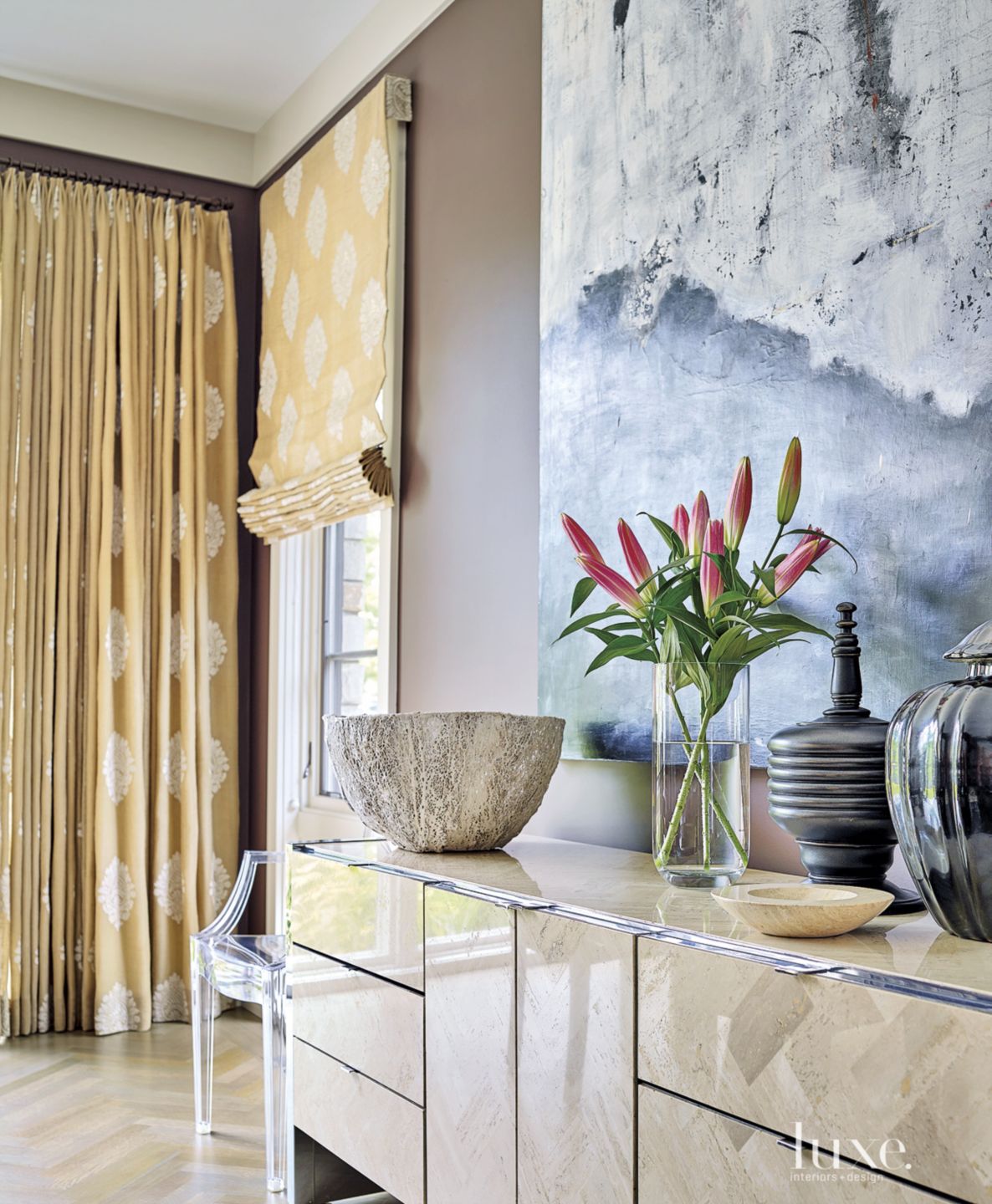 Transitional Brown Dining Room with Vintage Sideboard - Luxe Interiors ...