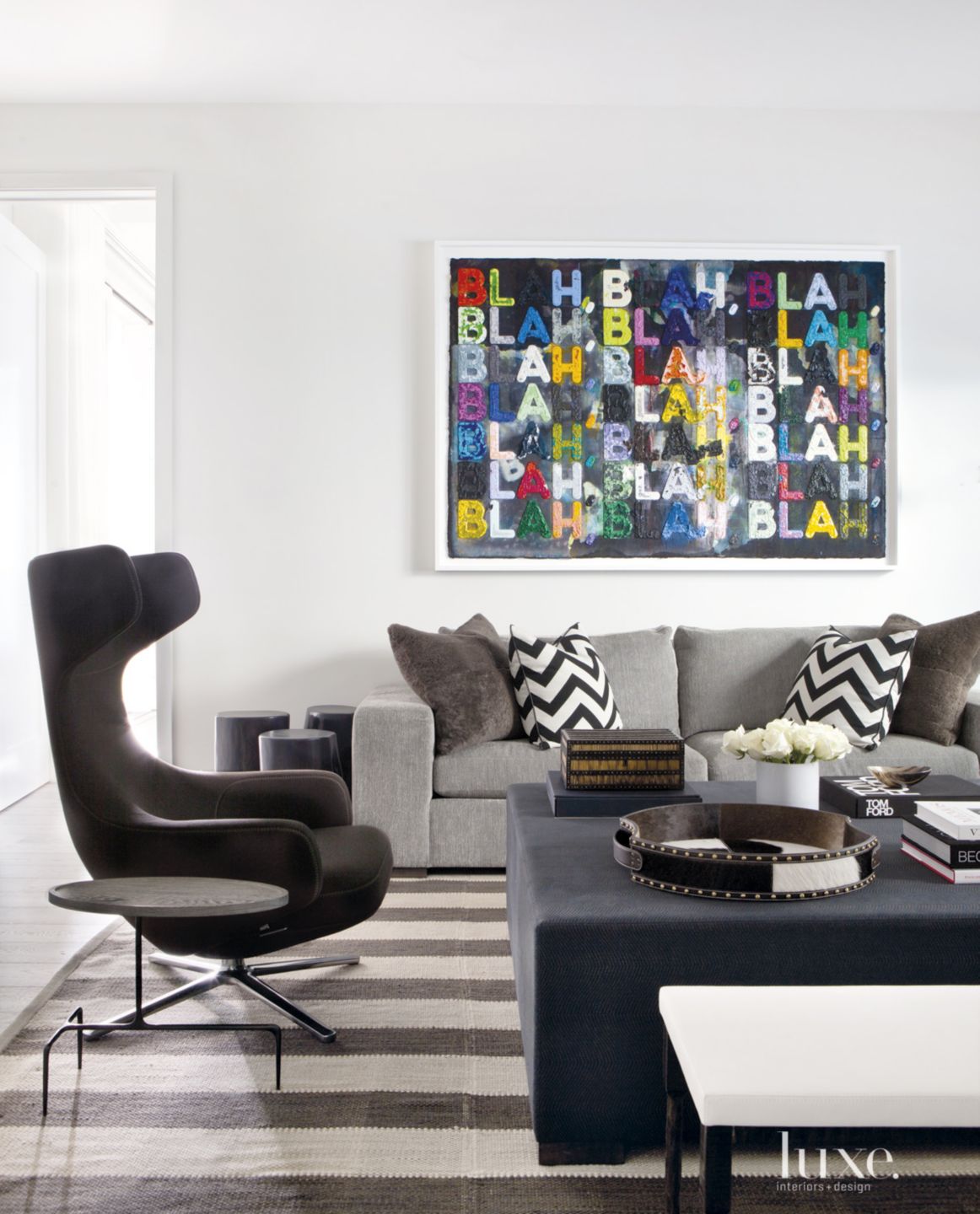 Contemporary White Den with High Wingback Chair - Luxe Interiors + Design