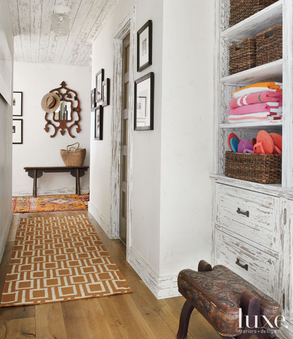 Country White Hall with Patterned Rug - Luxe Interiors + Design