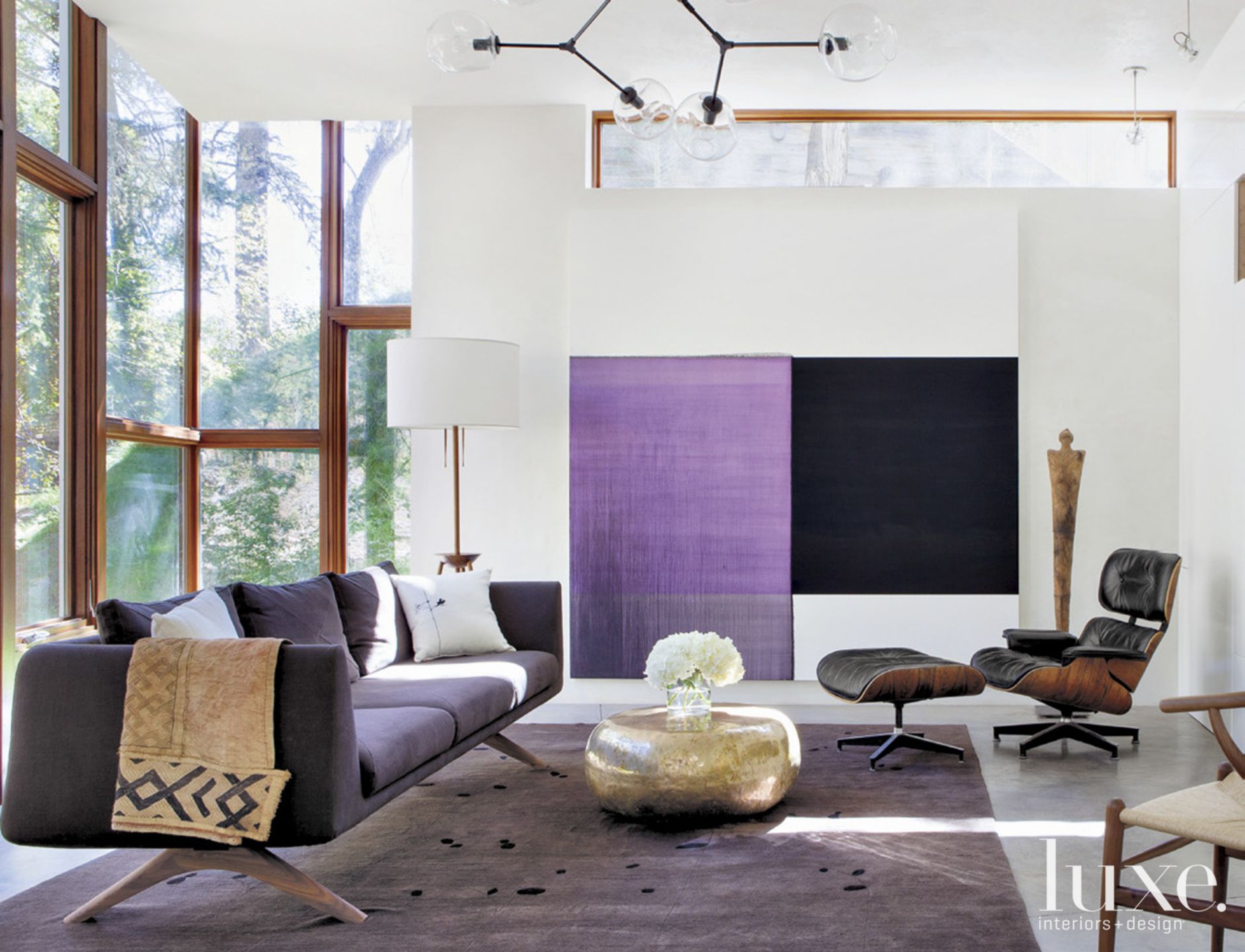 Modern White Den with Bubble Chandelier - Luxe Interiors + Design