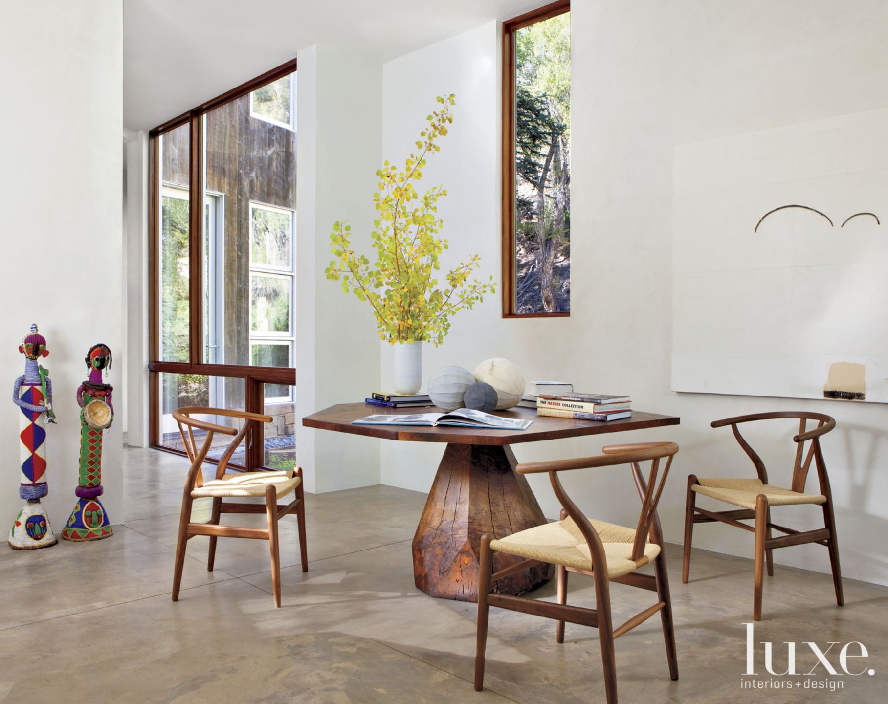 Modern White Reading Room with Sculptural Wood Table - Luxe Interiors ...