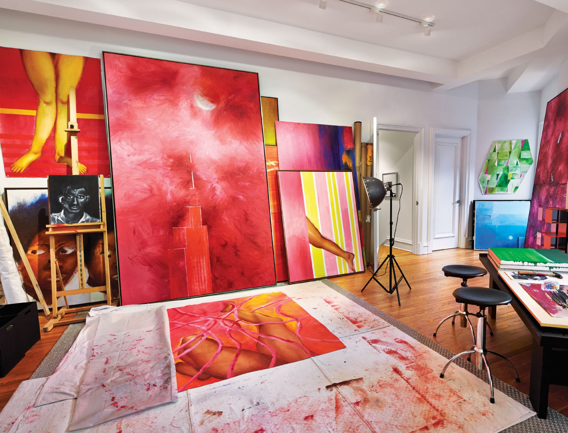 Colorful Paintings in Contemporary Art Studio - Luxe Interiors + Design