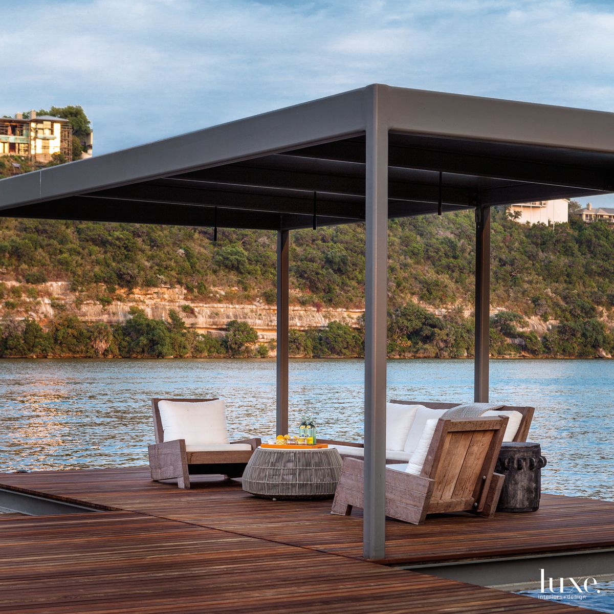 Modern Neutral Swim Dock with Metal Awning - Luxe Interiors + Design