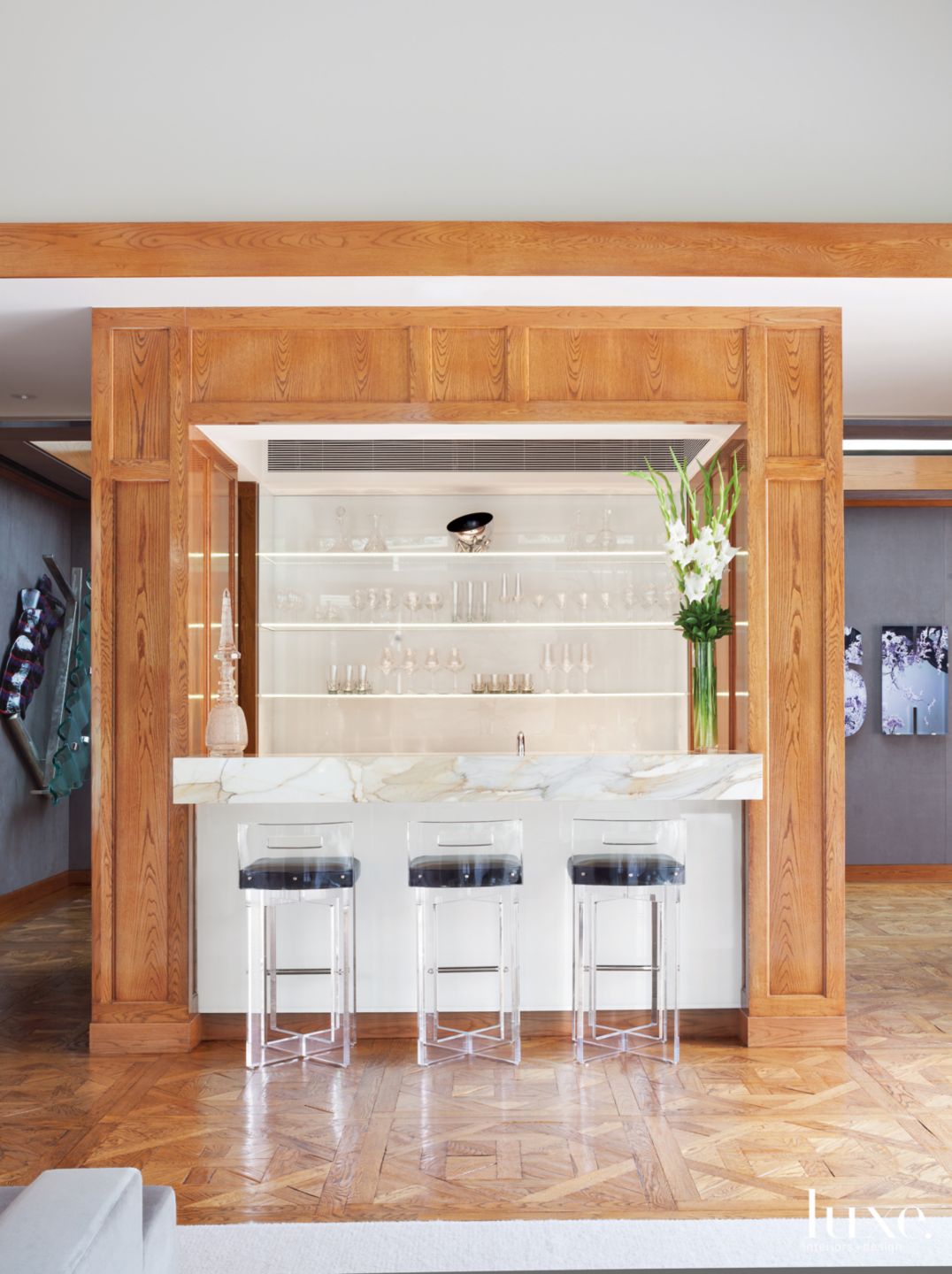 Modern Neutral Bar Area with LED Glass Shelves - Luxe Interiors + Design