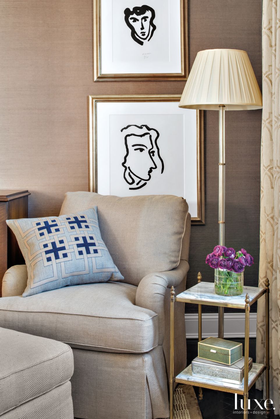Contemporary Brown Bedroom Vignette with Stone Table - Luxe Interiors ...