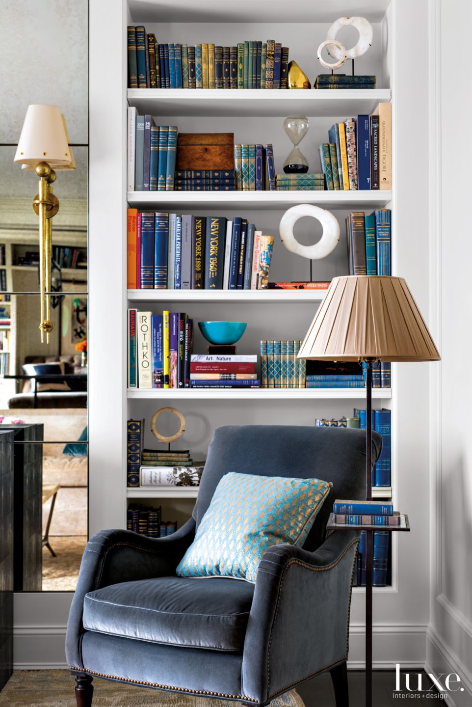 Contemporary Neutral Living Room Vignette with Bookcase - Luxe ...