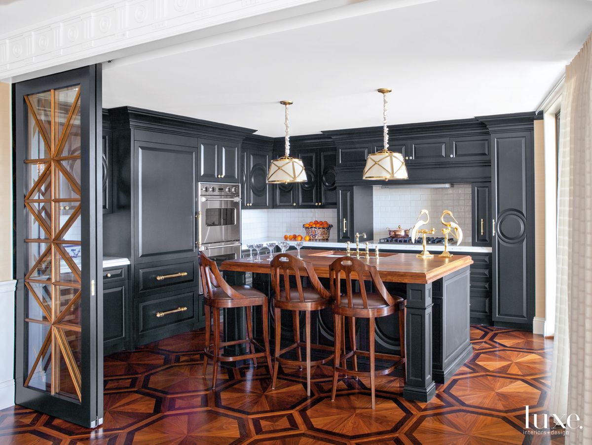 Traditional Black Kitchen with Walnut Island - Luxe Interiors + Design
