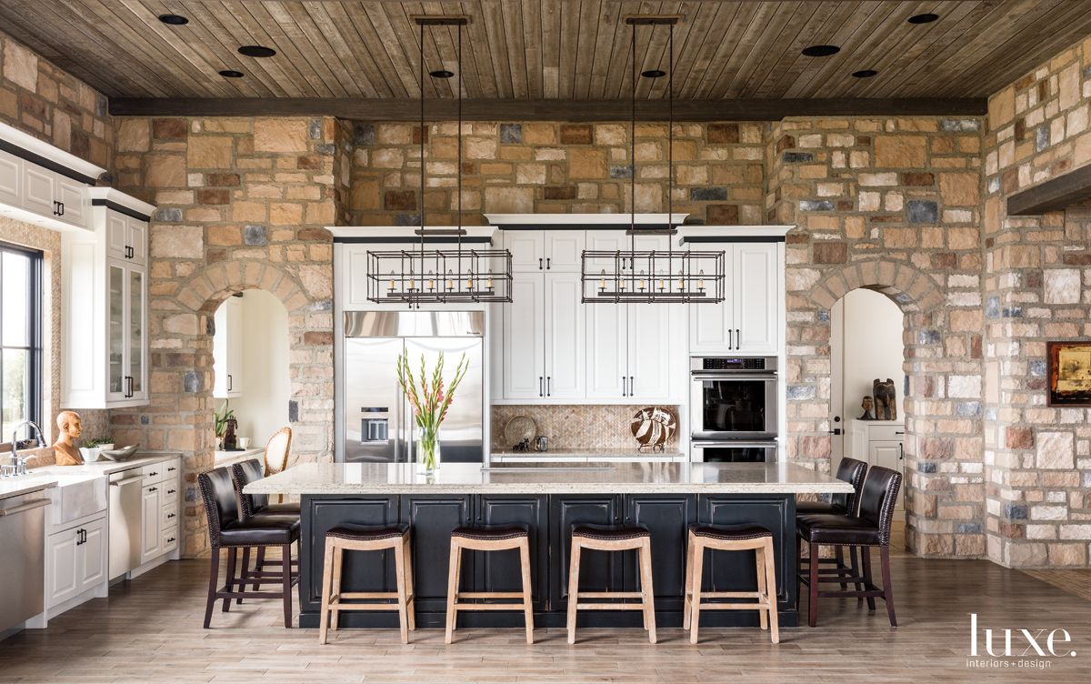 Transitional Neutral Kitchen with Cobblestone Wall - Luxe Interiors ...
