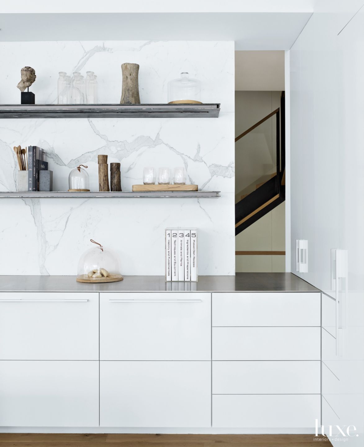 Modern White Kitchen Vignette with Open Shelving - Luxe Interiors + Design